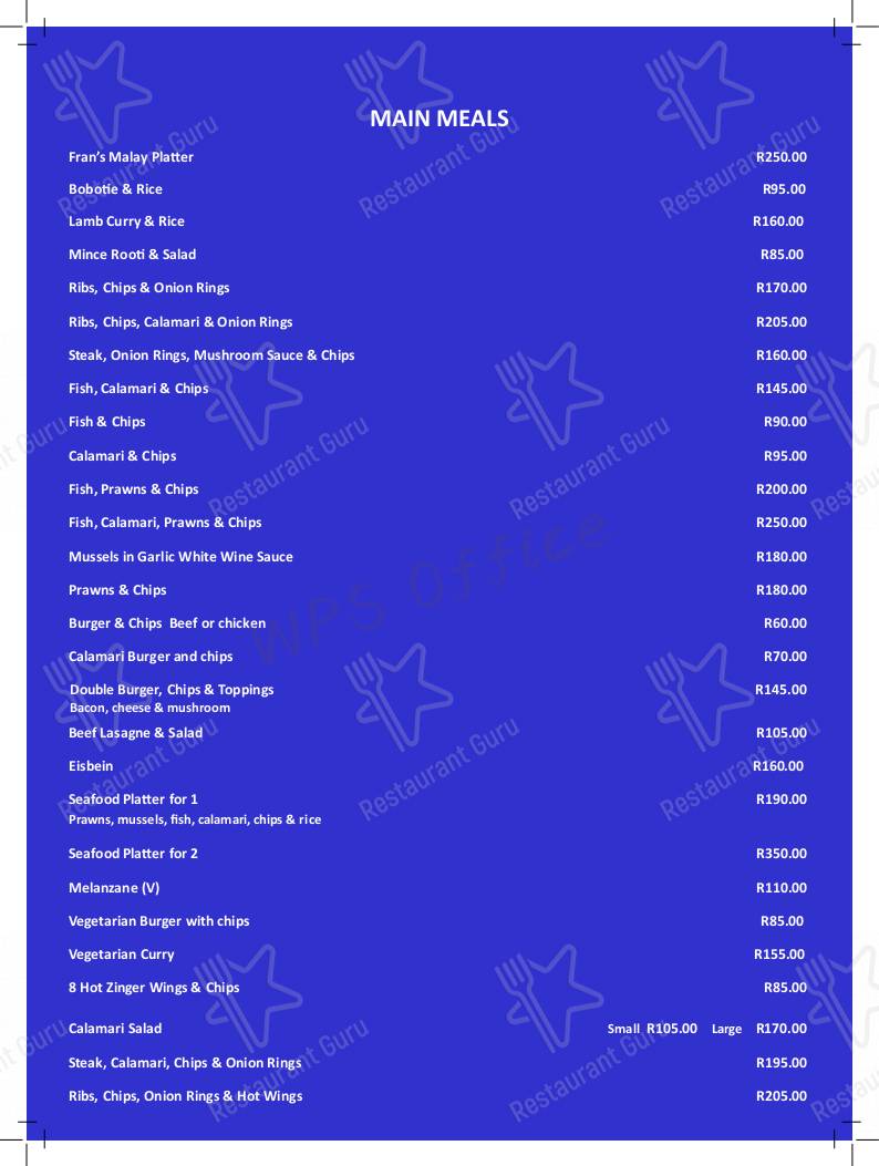 Menu at Fran's Place restaurant, Cape Town, 111 Jubilee St