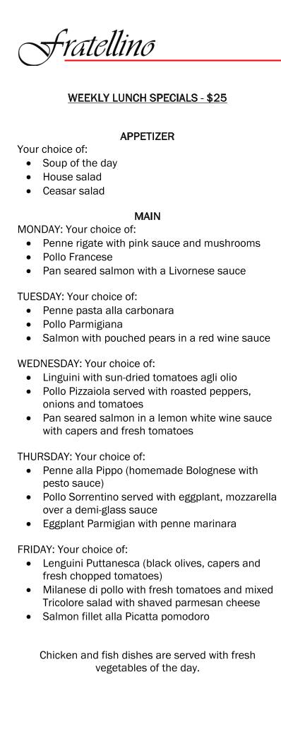 Menu at Fratellino Ristorante restaurant, Coral Gables