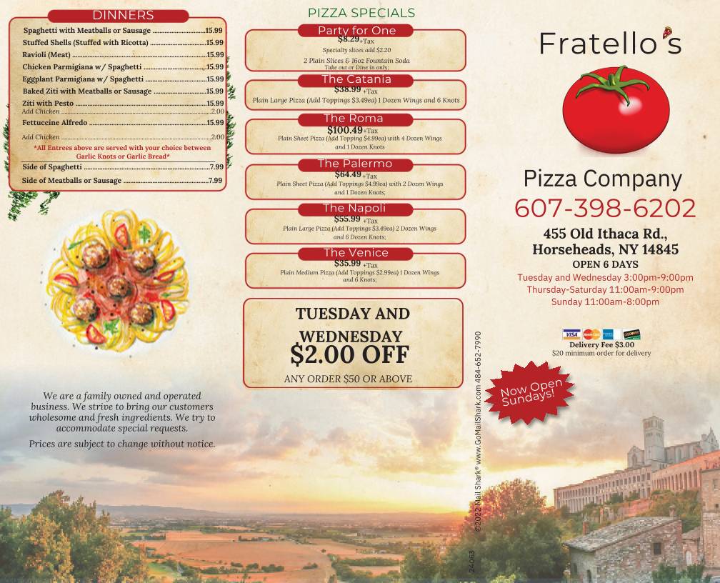 Menu at Fratello's Pizza Company pizzeria, Horseheads