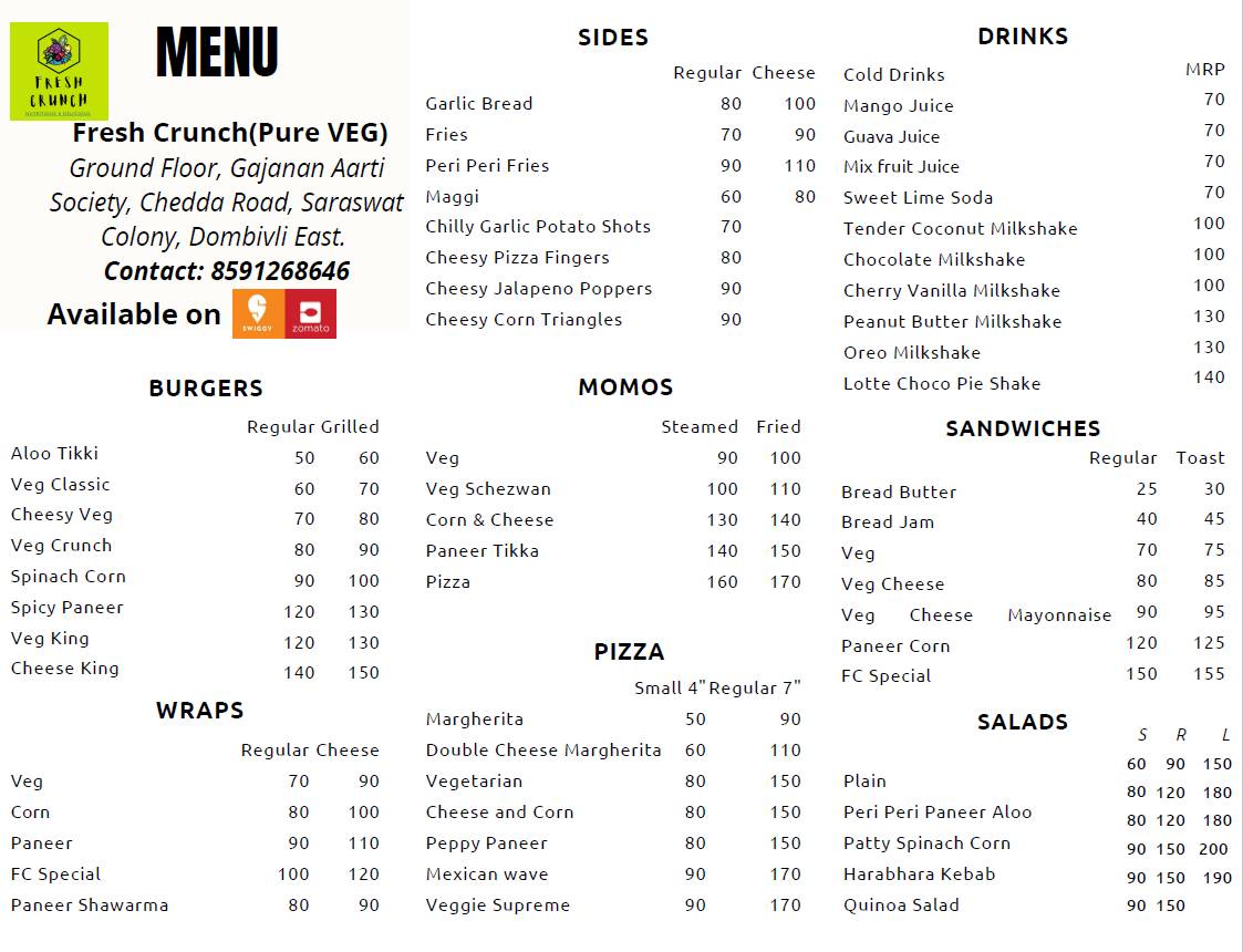 Menu at Fresh Crunch, Dombivli
