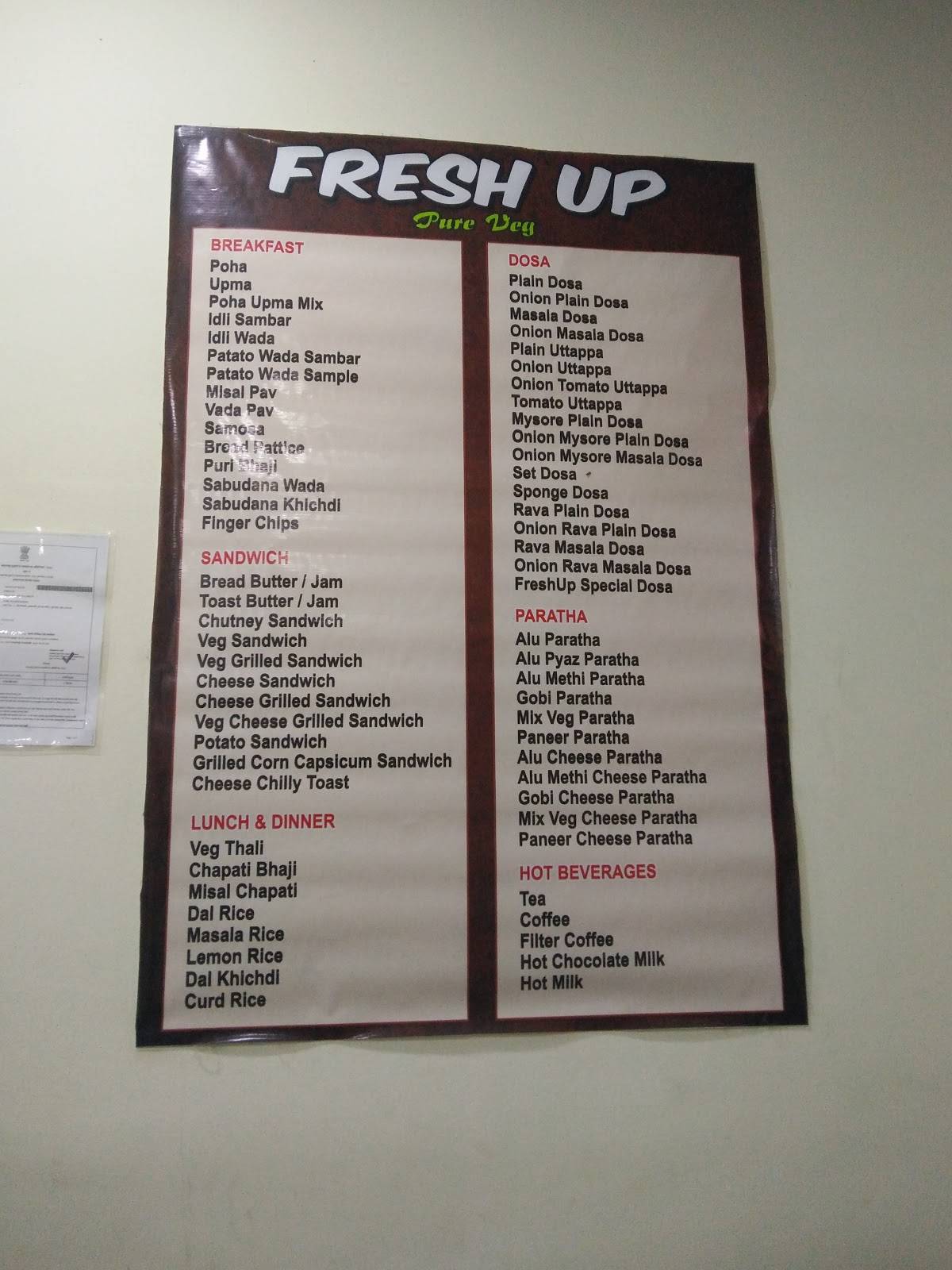 Menu at Fresh Up, Pune