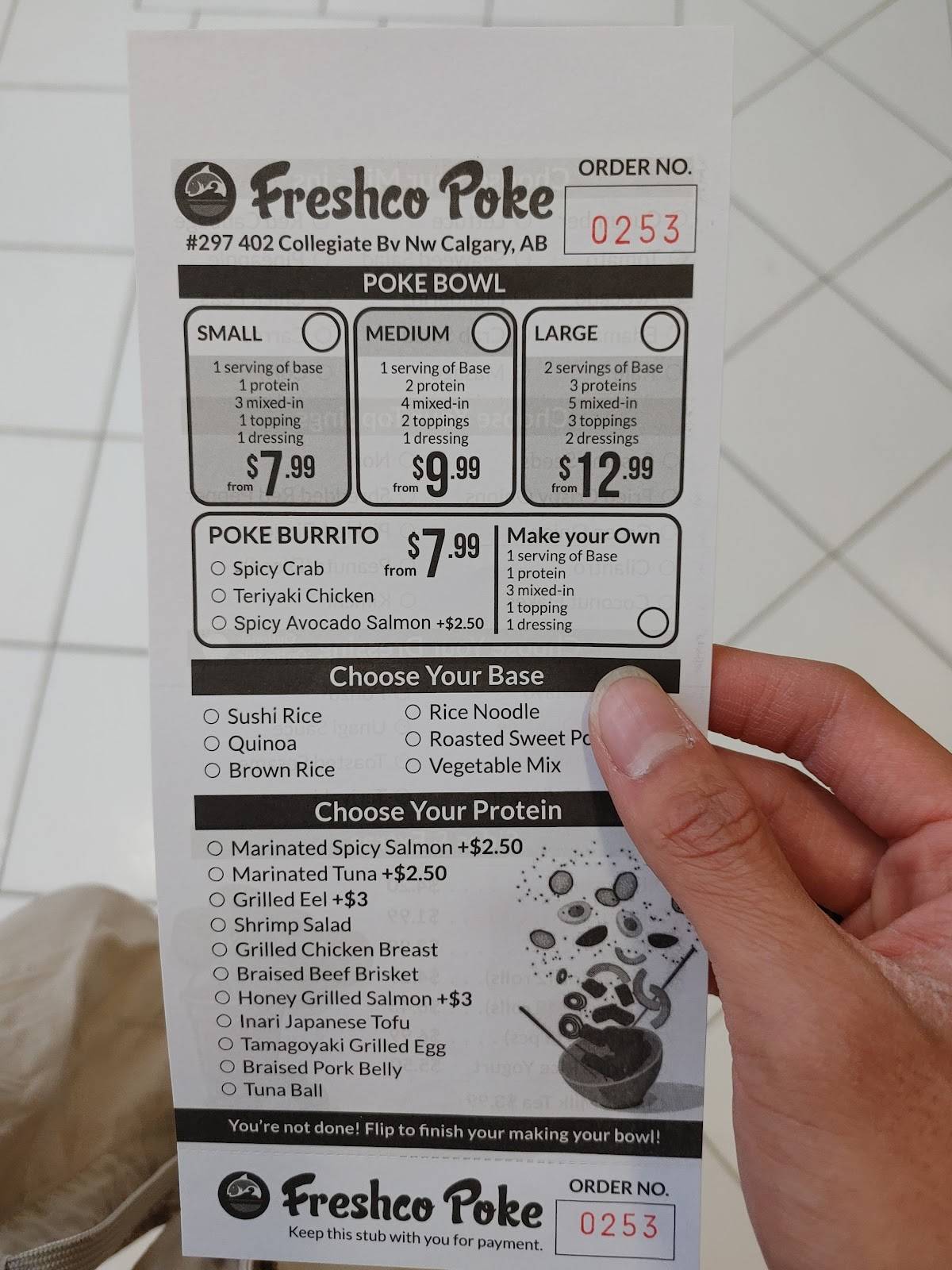 Menu at Freshco Poke restaurant, Calgary