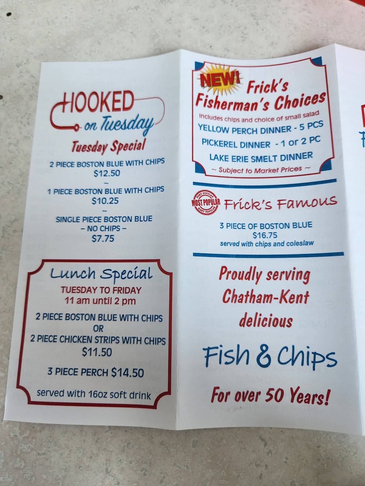 Menu at Frick's Fish & Chips fast food, Chatham-Kent