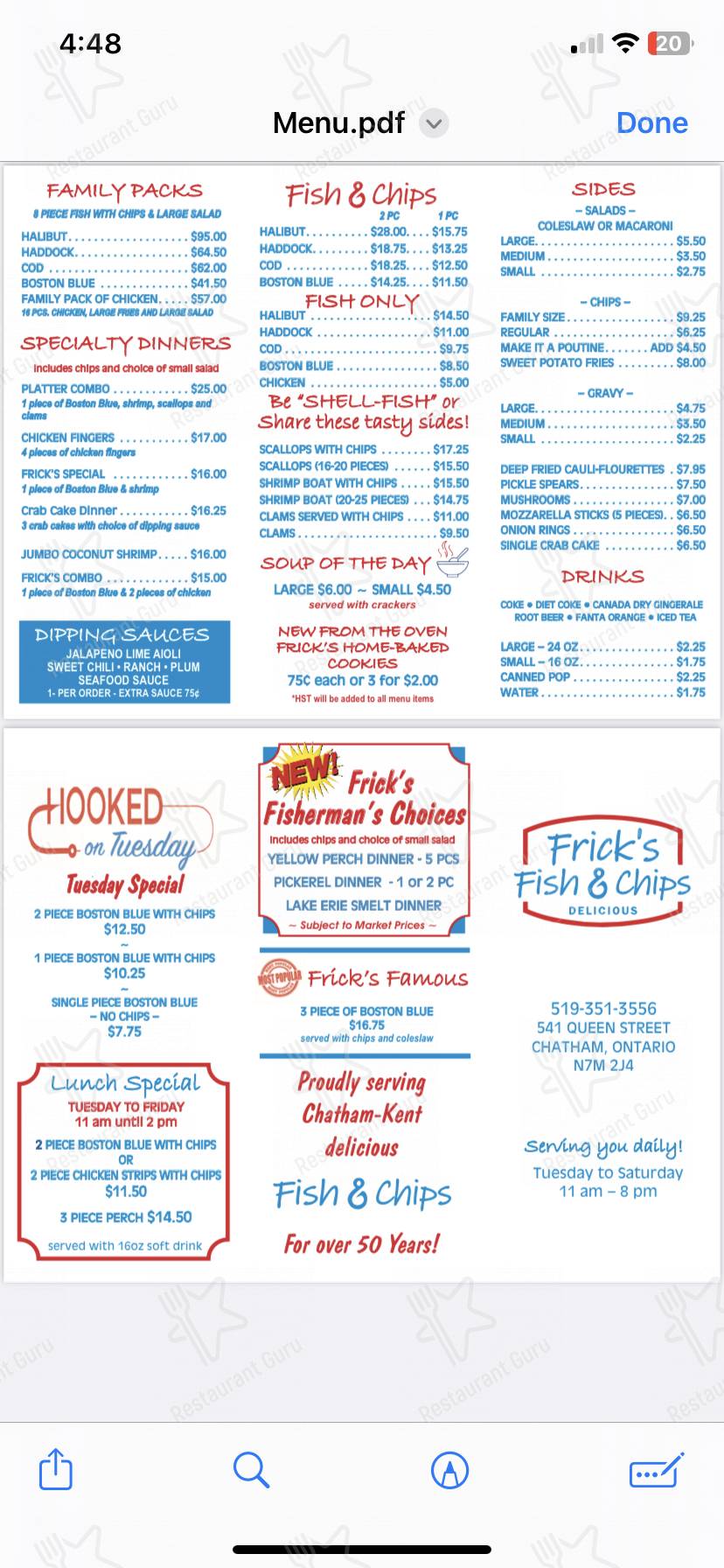 Menu at Frick's Fish & Chips fast food, Chatham-Kent