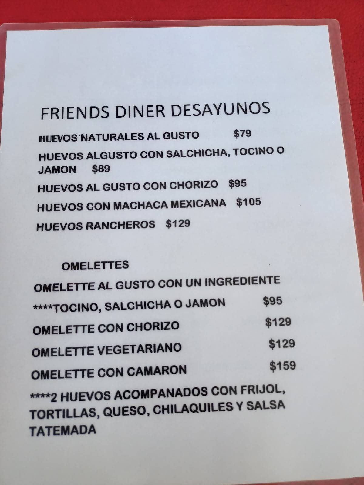 Menu at Friends Diner pub & bar, Mazatlán
