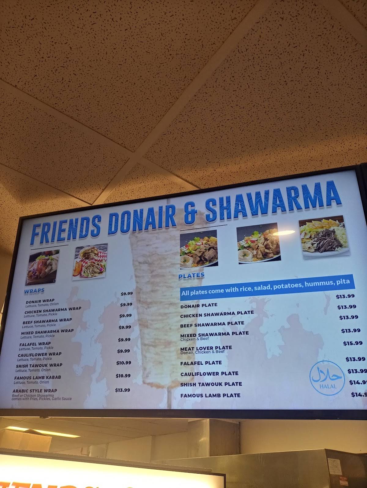 Menu au Friends Donair and Shawarma restaurant, Winnipeg