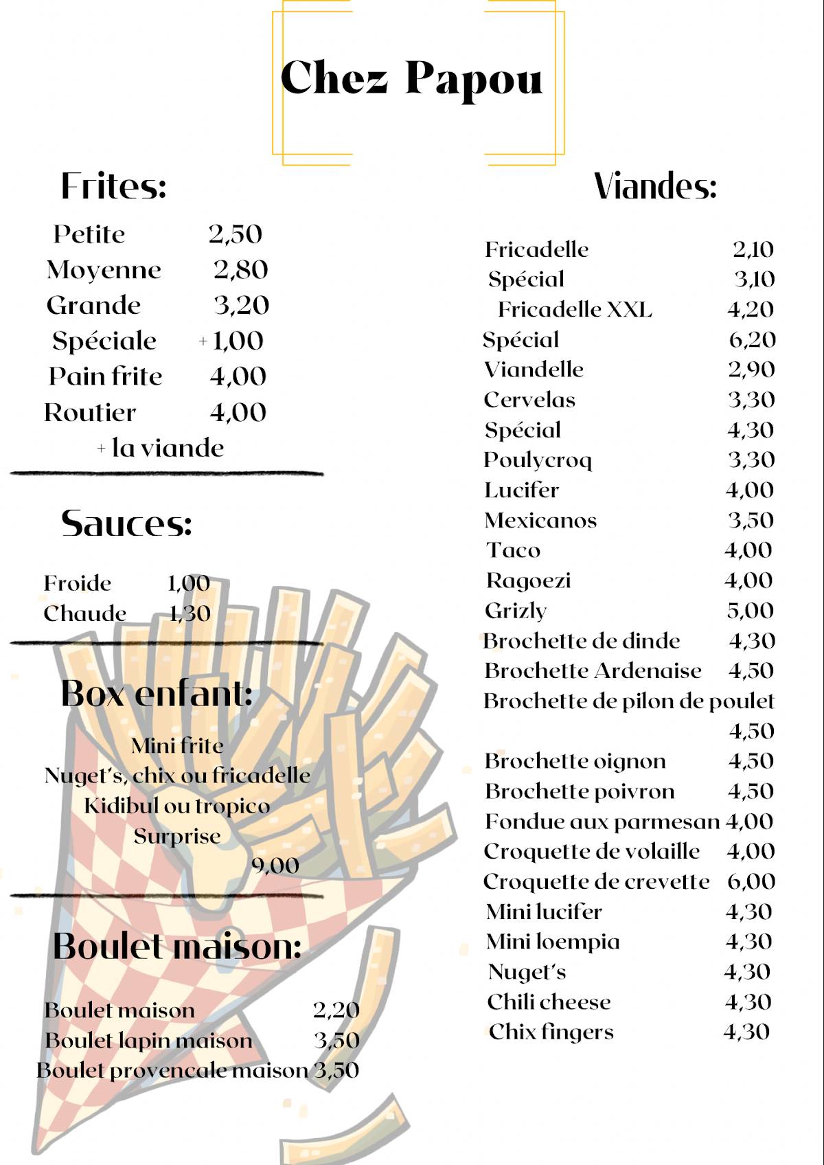 Menu at Friterie chez papou, Fléron