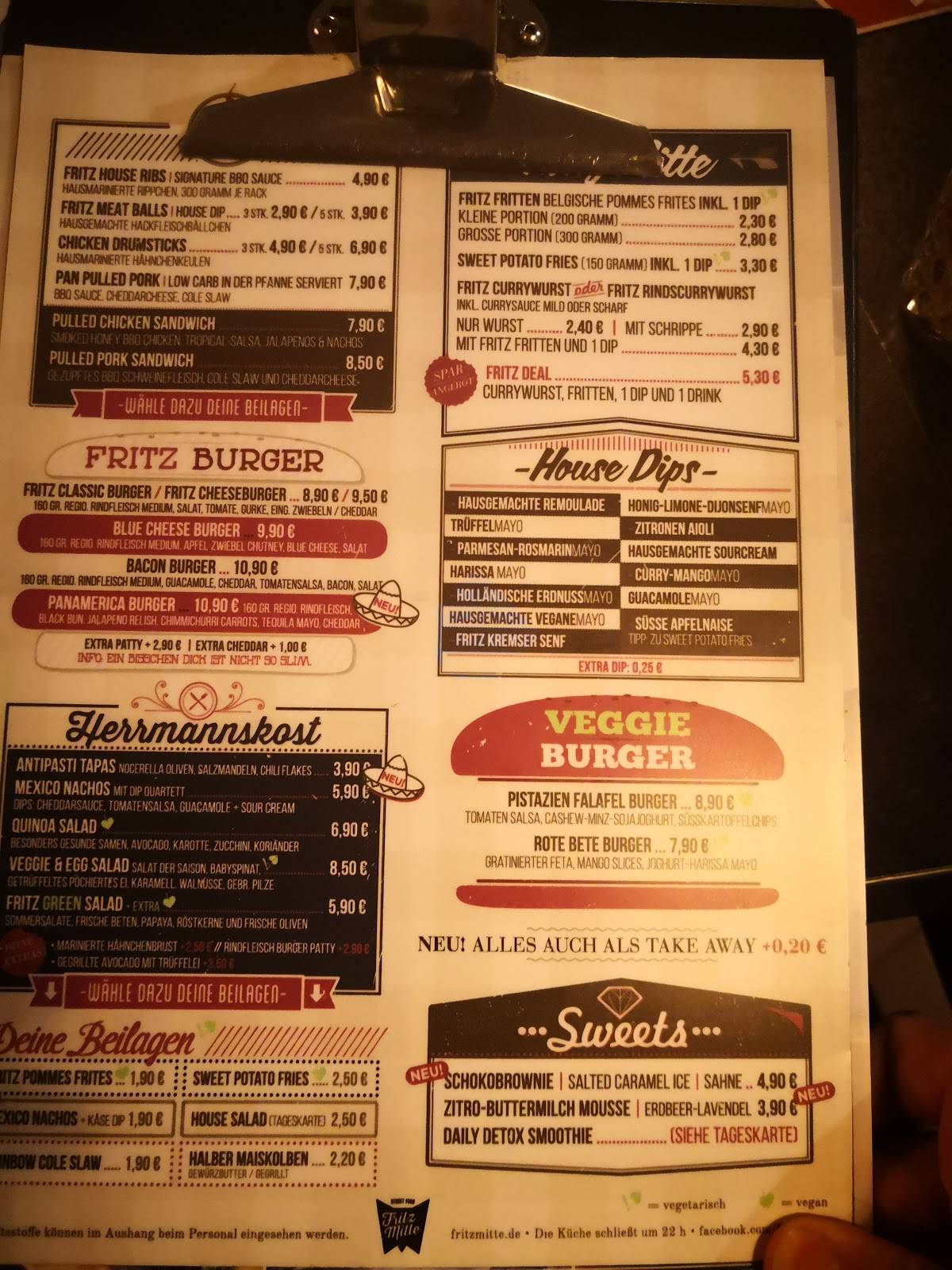 Speisekarte von Fritz Mitte - Street Food pub & Bar, Jena, Neugasse 5
