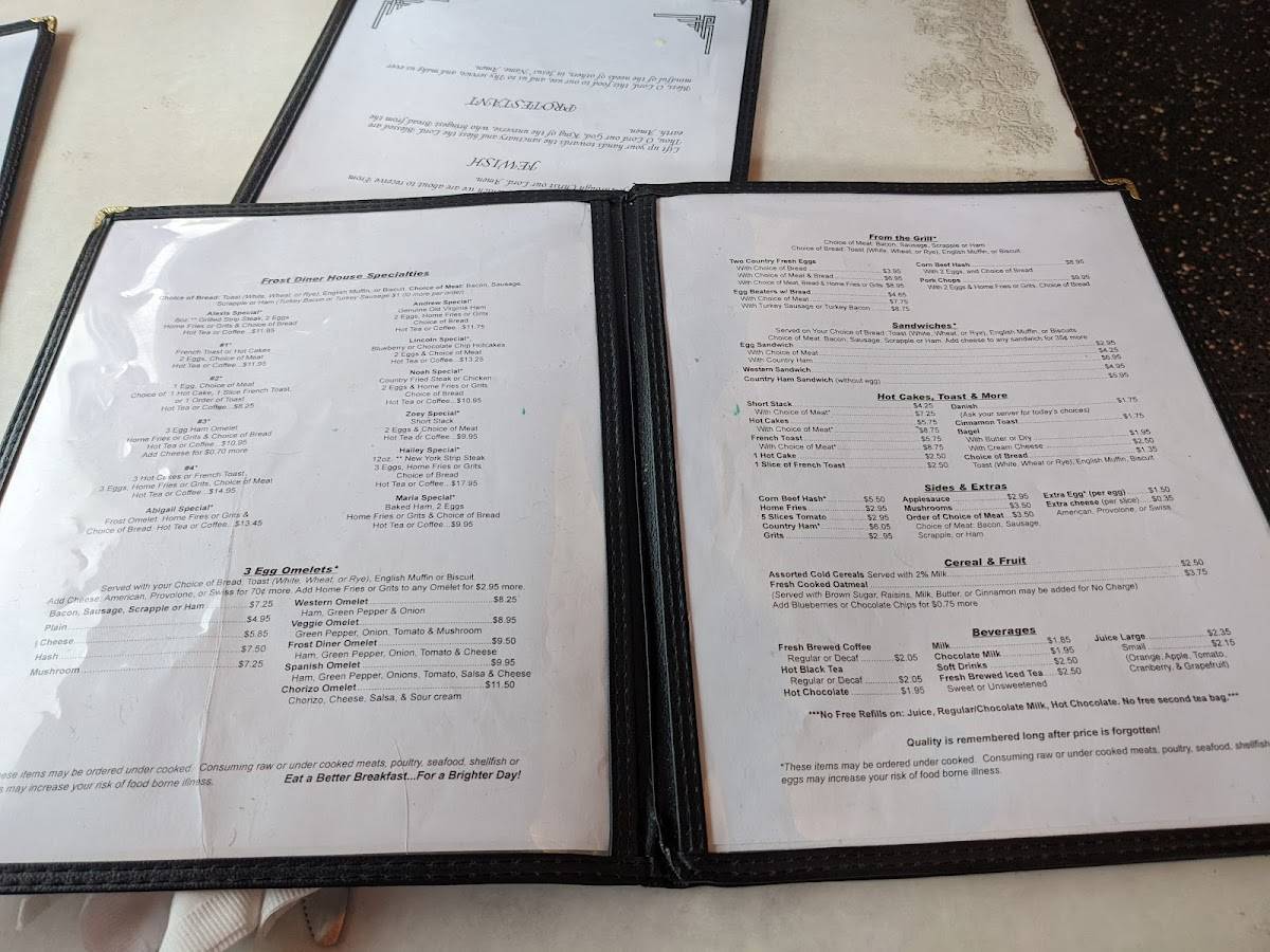 Menu at Frost Diner restaurant, Warrenton