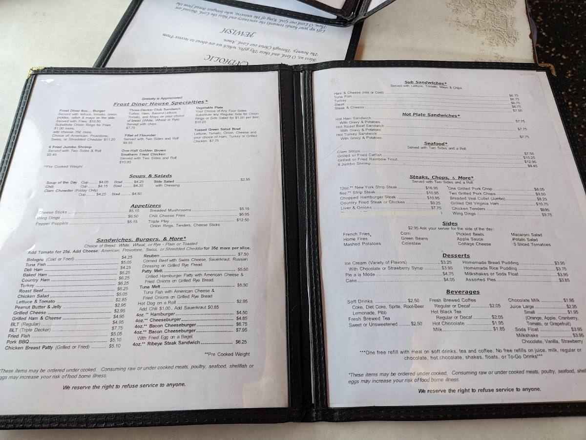 Menu at Frost Diner restaurant, Warrenton