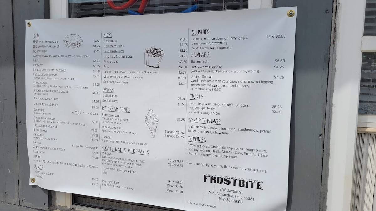 Menu at Frostbite Ice Cream & Diner restaurant, West Alexandria