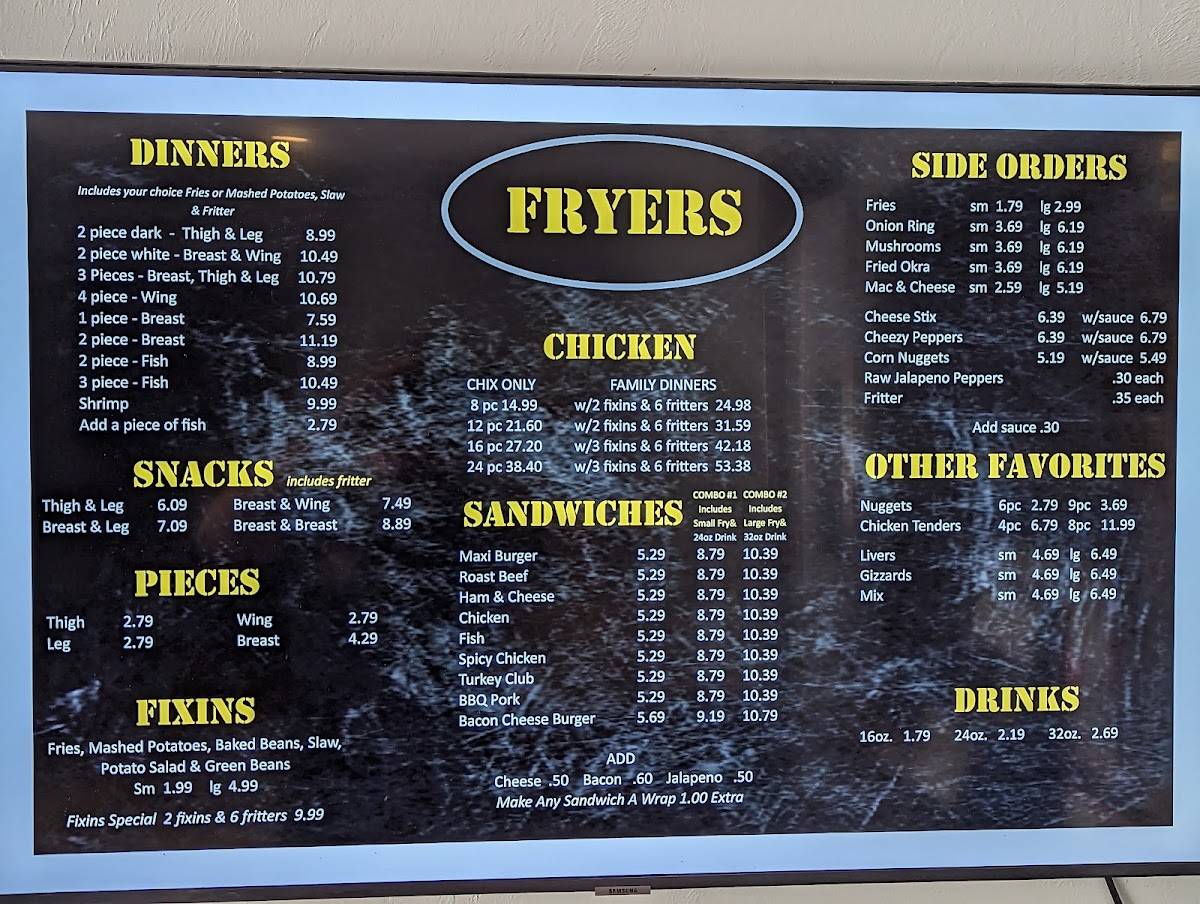 Menu at Fryer's Chicken restaurant, Melrose