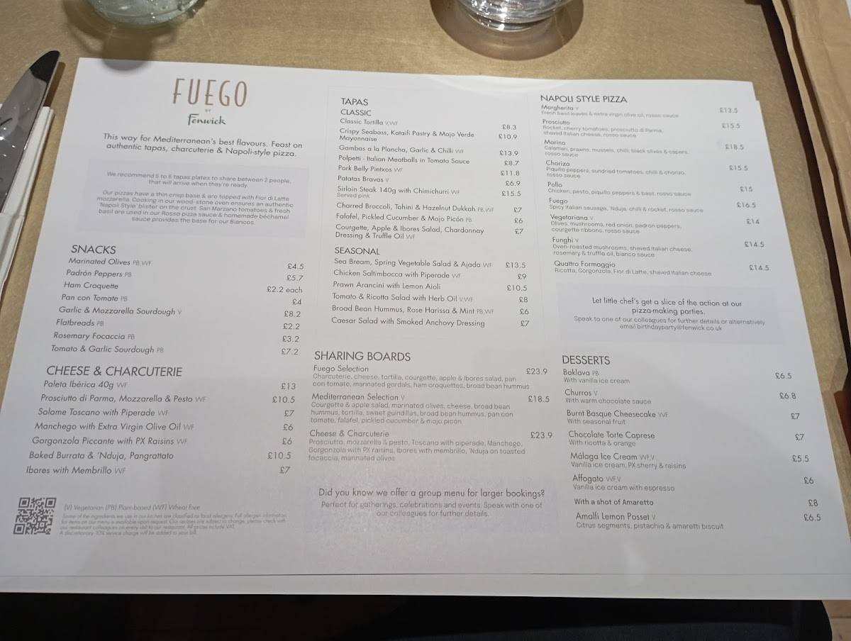 Menu at Fuego restaurant, Newcastle upon Tyne, Central Square South