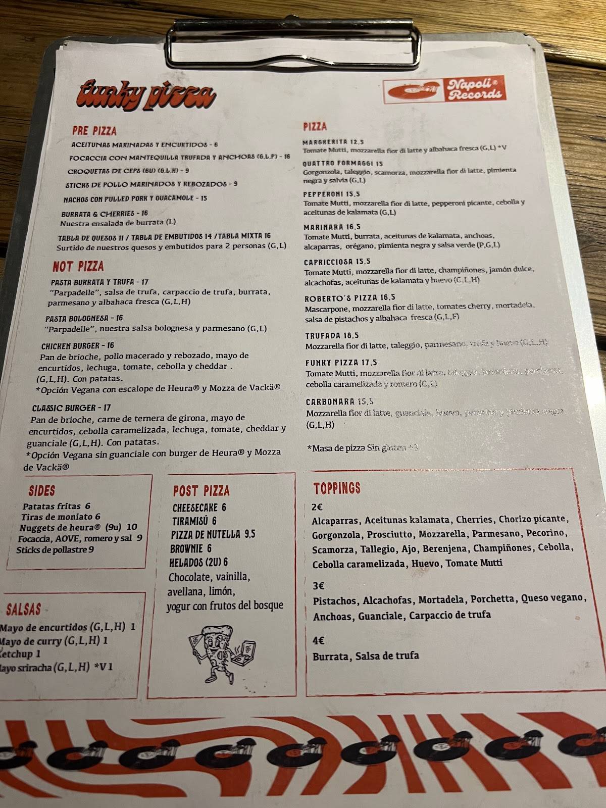 Carta del restaurante Funky Pizza, Palafrugell, Av. d'Espanya