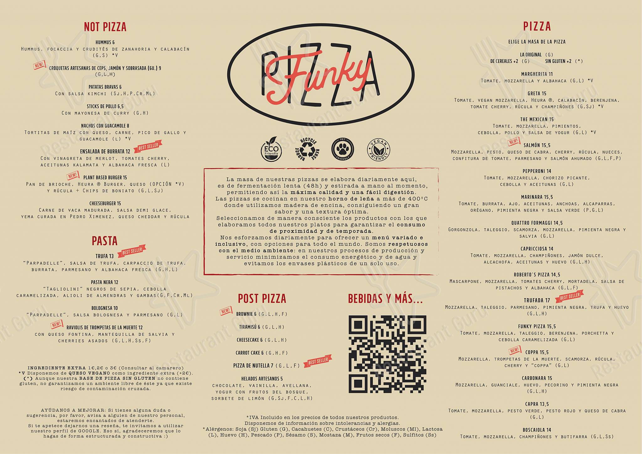 Carta del restaurante Funky Pizza, Palafrugell, Av. d'Espanya