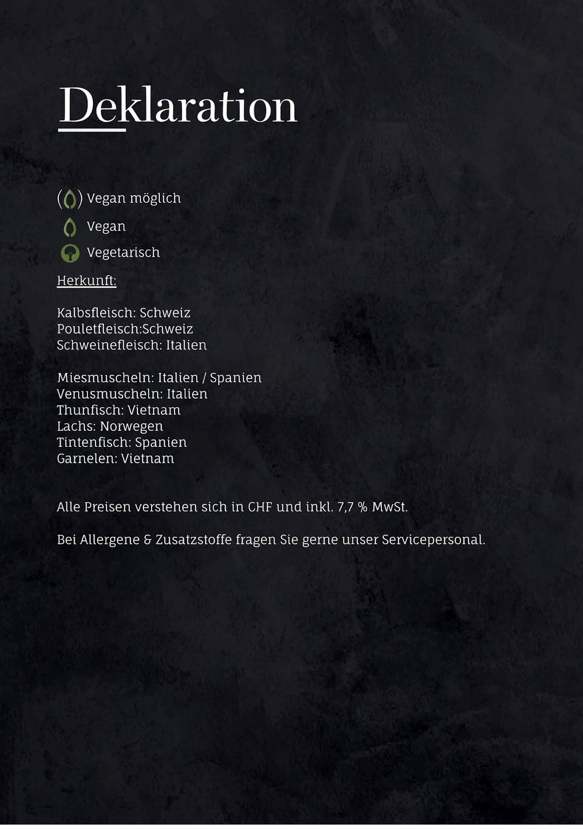 Speisekarte von Fusio, Zürich
