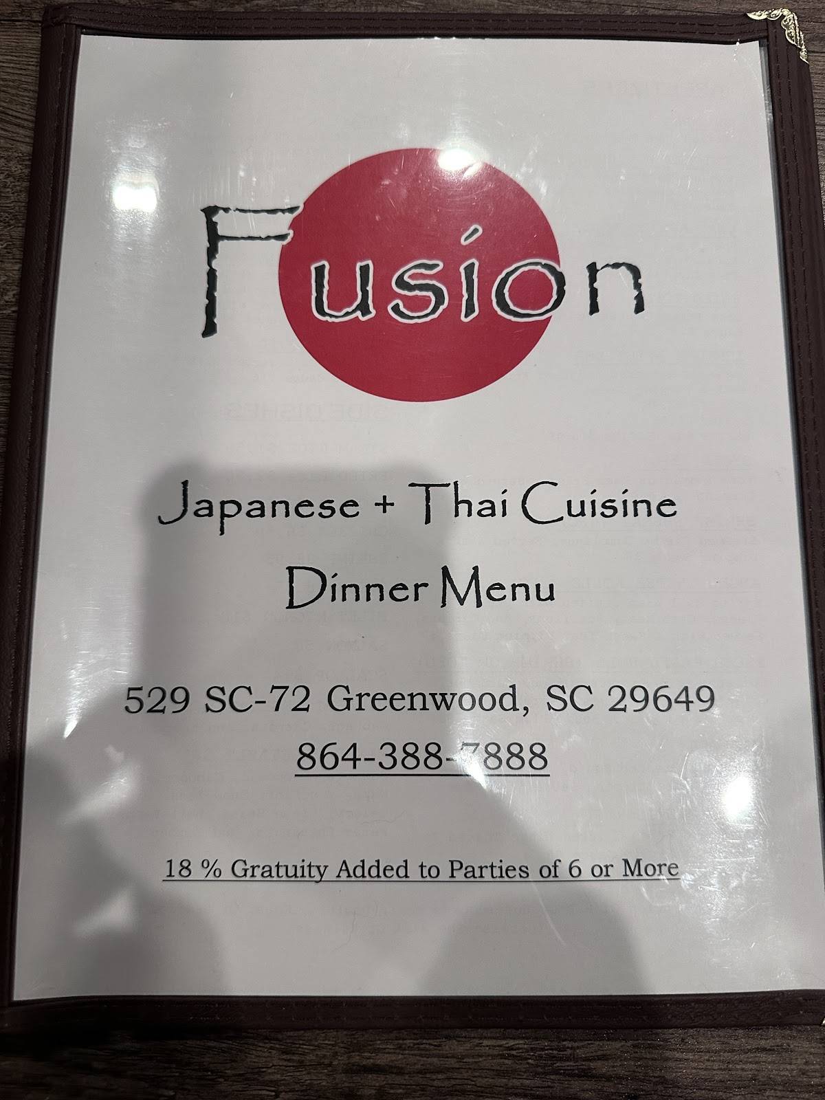 Menu at Fusion Japanese & Thai restaurant, Greenwood