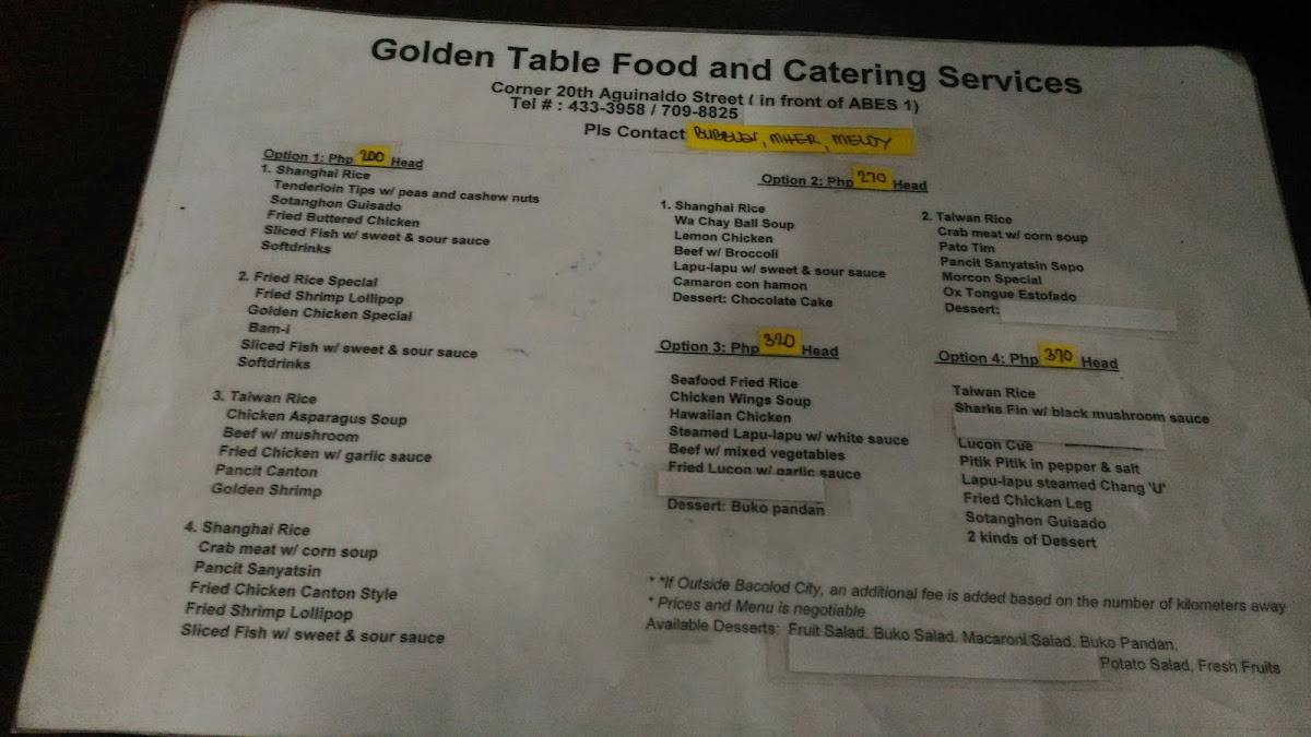 Menu at GOLDEN TABLE RESTAURANT & CATERING SERVICES, Bacolod, Aguinaldo St