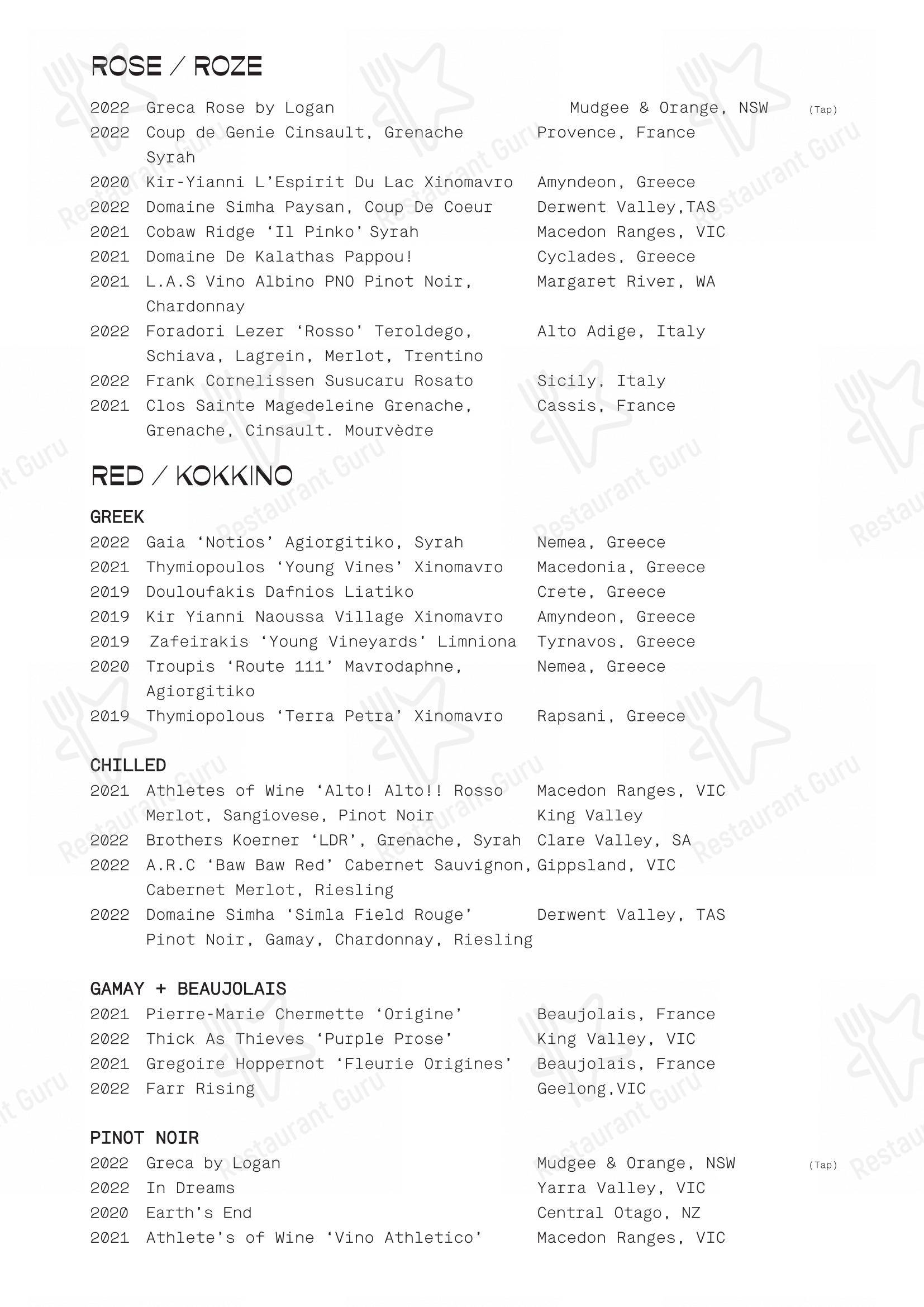Menu at GRECA restaurant, Brisbane City
