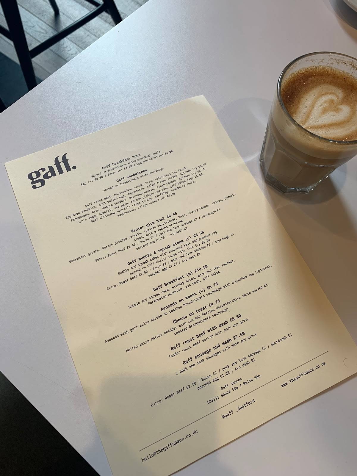 Menu at Gaff cafe, London
