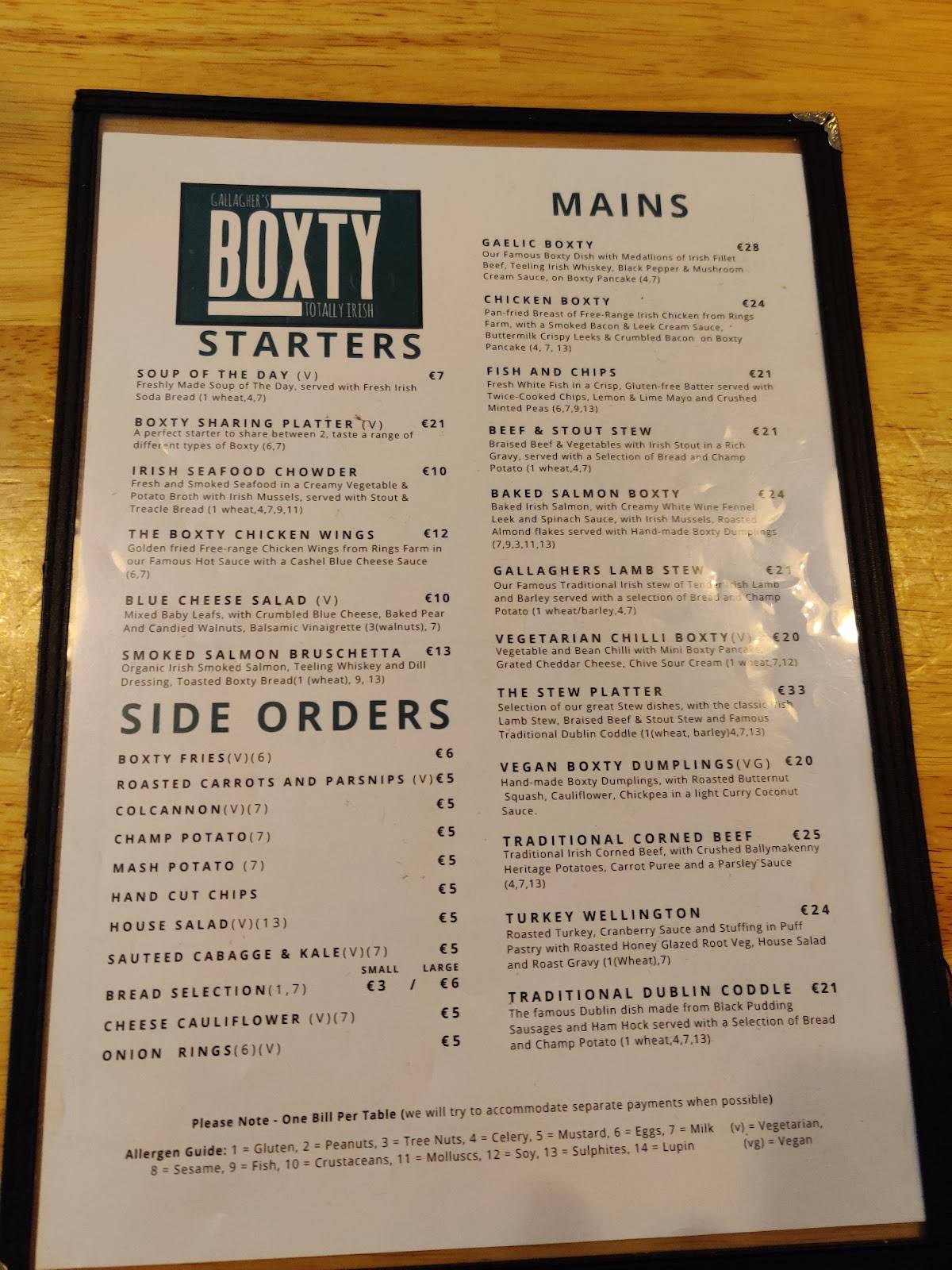 Menu at Gallaghers Boxty House restaurant, Dublin