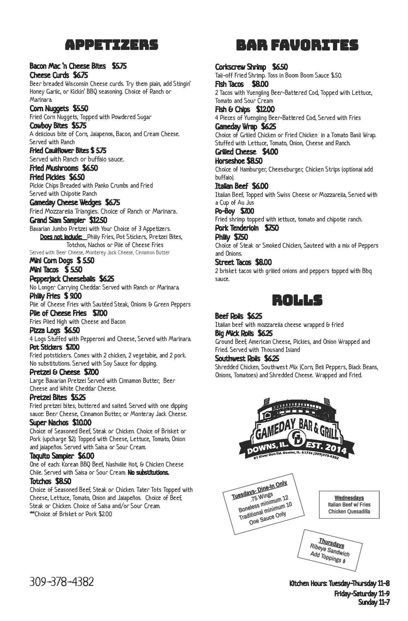 Menu at Gameday Grill pub & bar, Downs