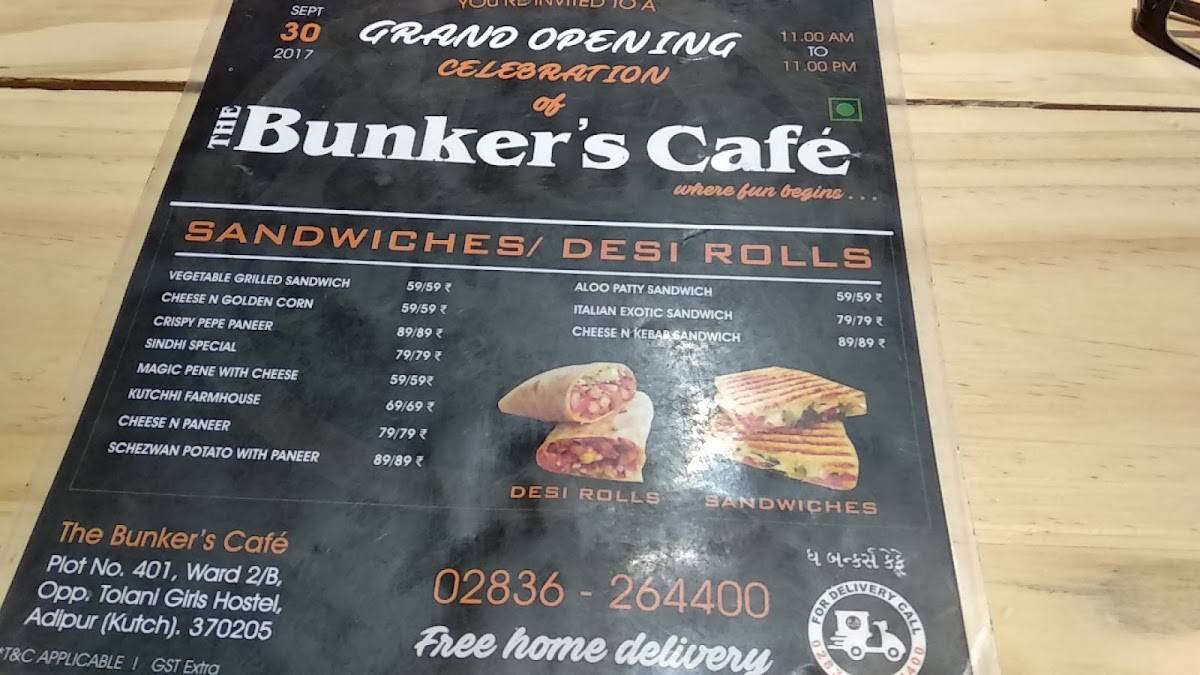 Menu at The Bunker's Café, Gandhidham