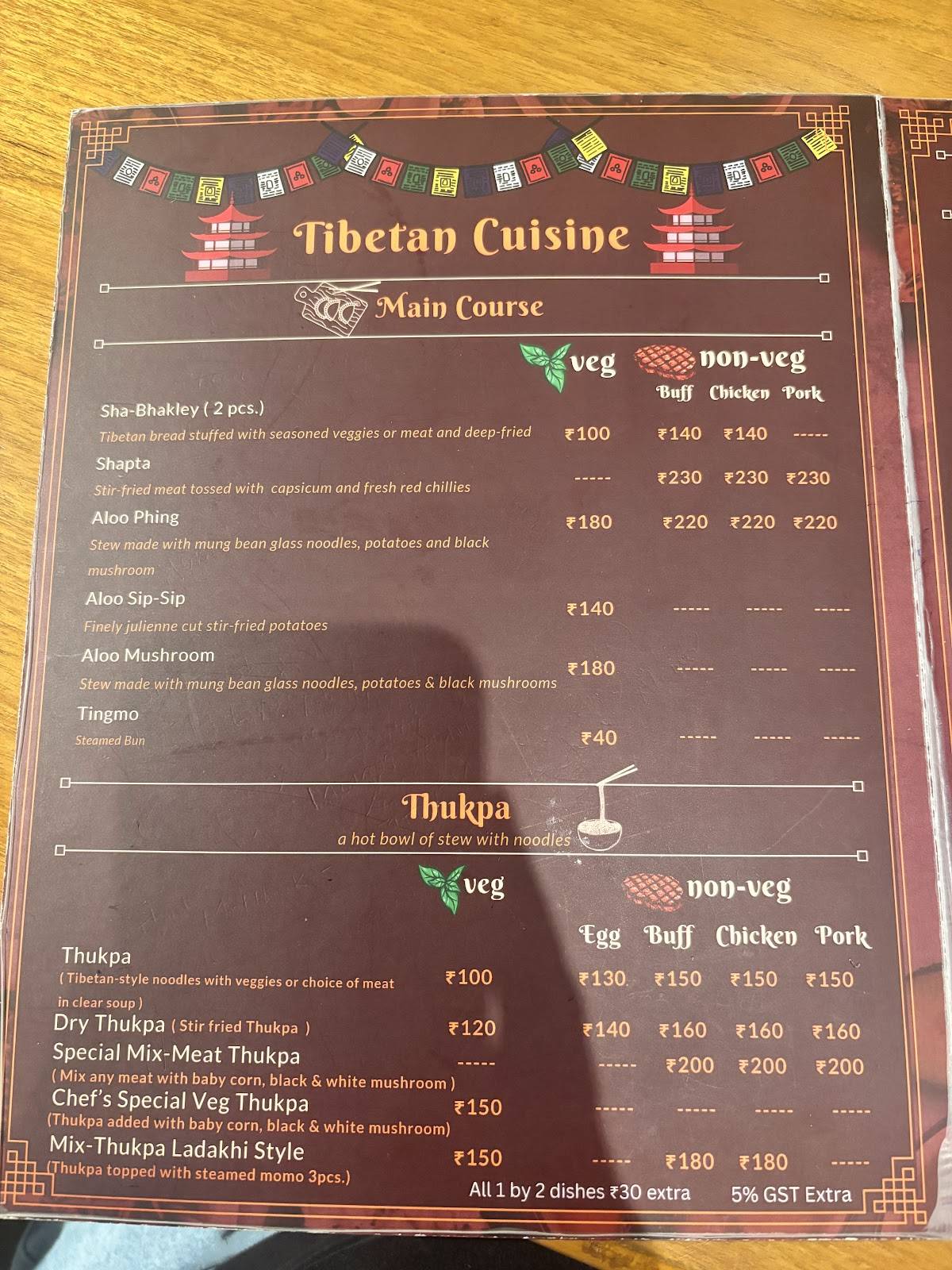 Menu at Gangchen Tibet Kitchen, Dehradun