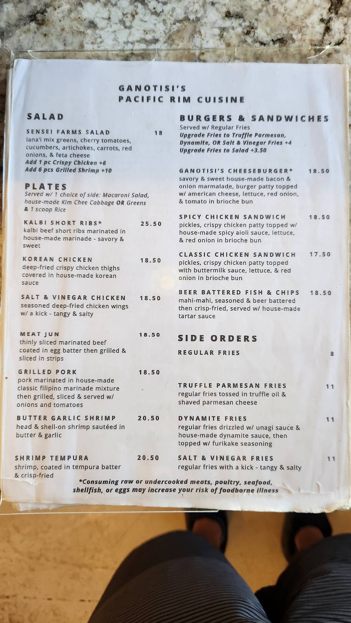 Menu at Ganotisi's Pacific Rim Cuisine restaurant, Lanai City