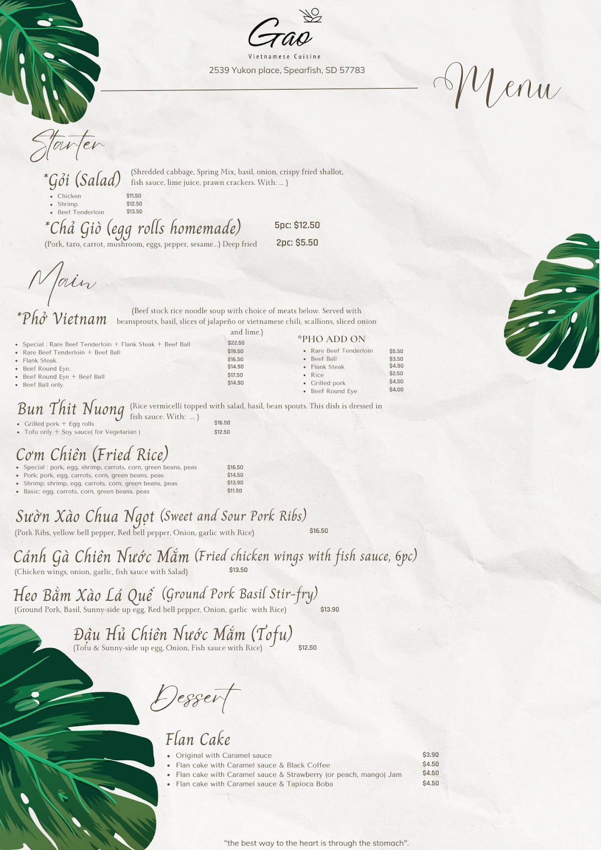 Menu at Gao Vietnamese Cuisine restaurant, Spearfish