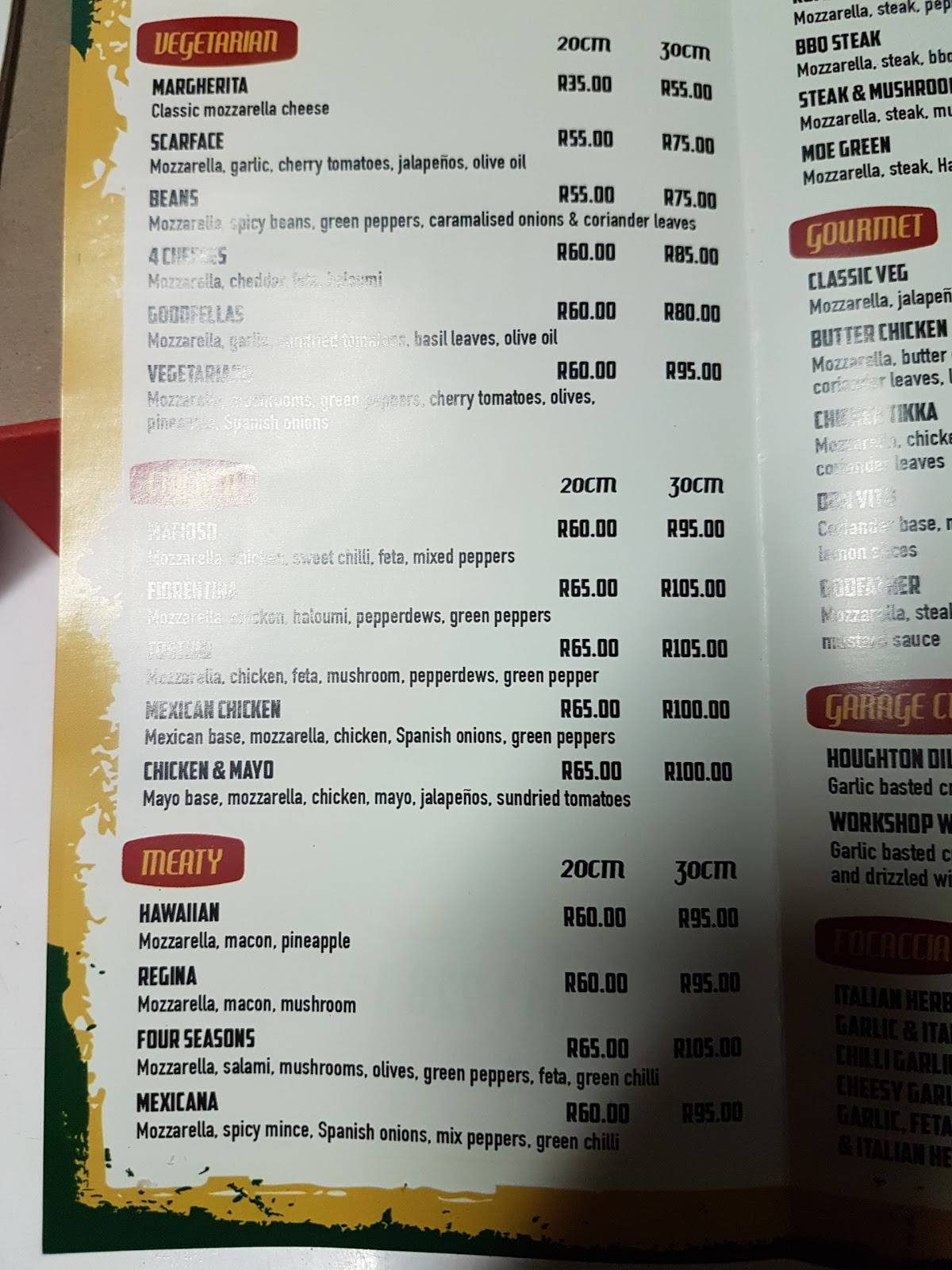 Menu at Garage Cafe, Johannesburg