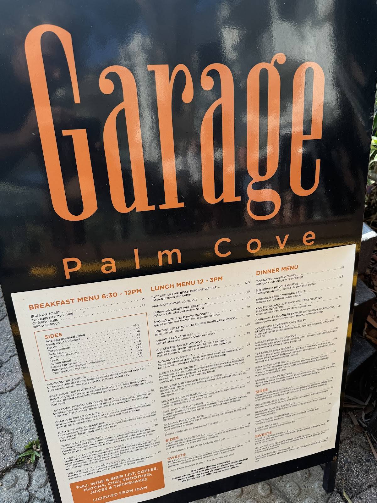 Menu at Garage palm cove restaurant, Palm Cove