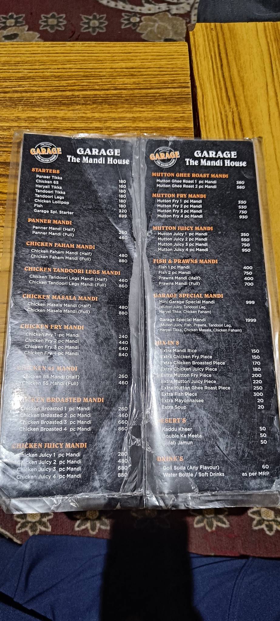 Menu at Garage the mandi house, Hyderabad