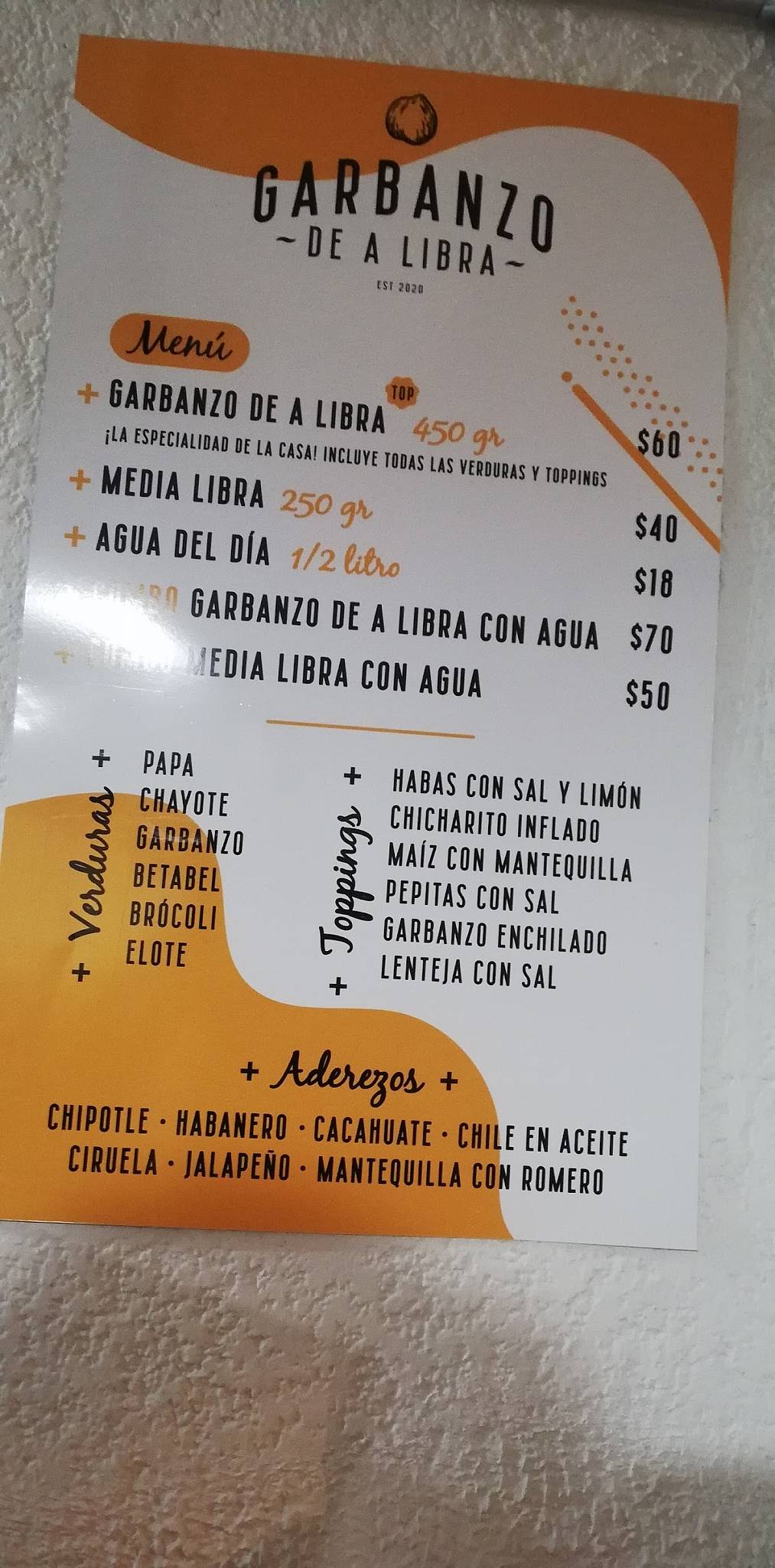 Menu at Garbanzo de a libra (Plaza Sania) restaurant, Guadalajara