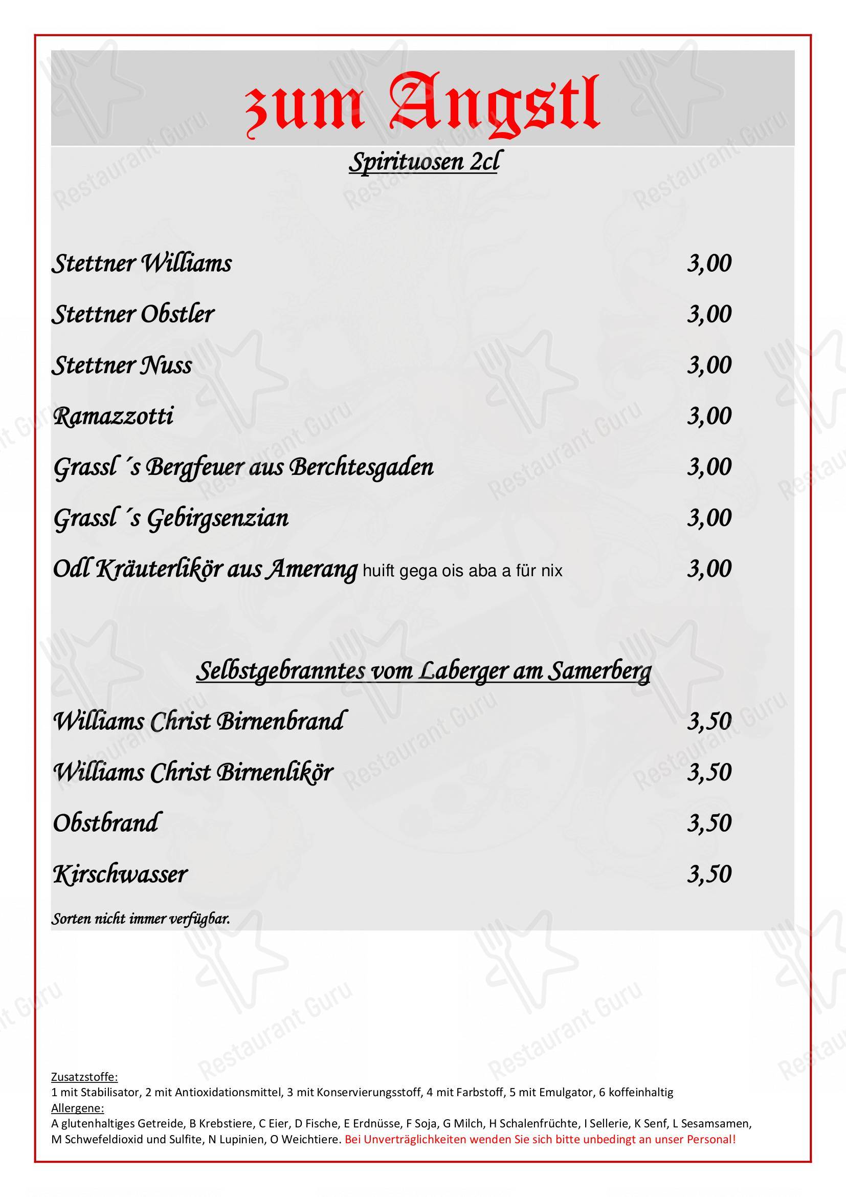 Speisekarte von Gasthaus zum Angstl restaurant, Höslwang, Sonnering 3