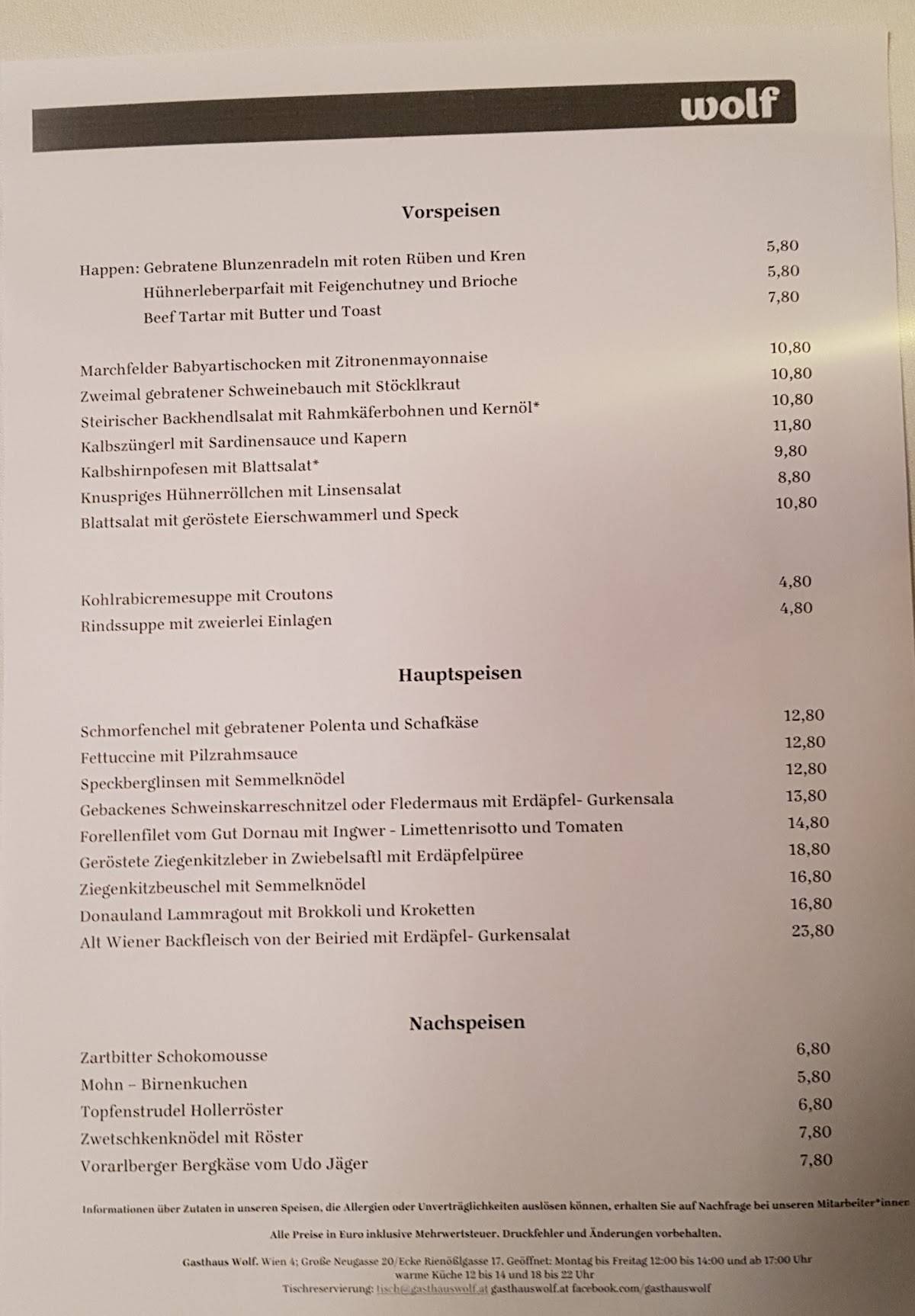 Speisekarte von Gasthaus Wolf restaurant, Wien