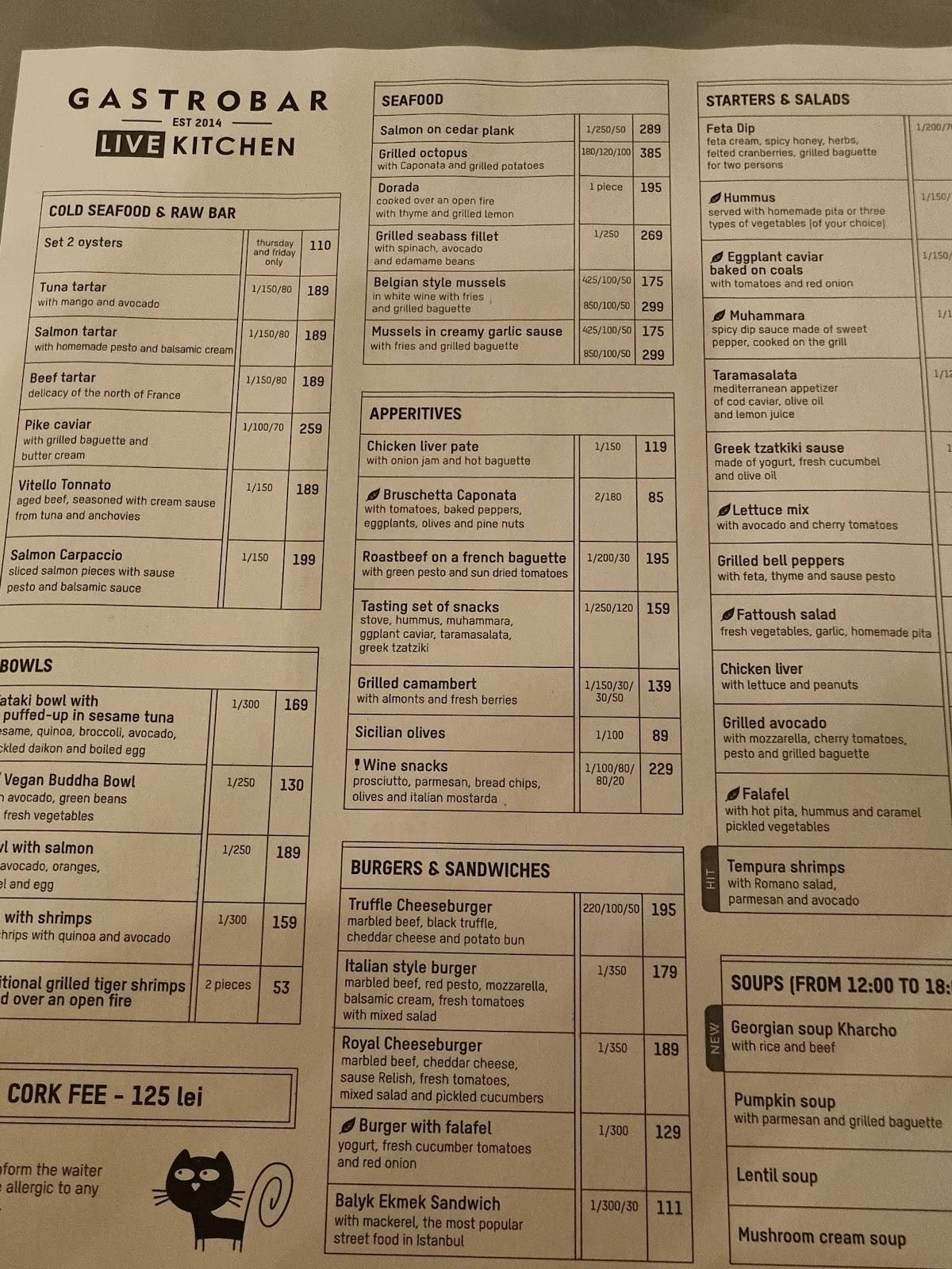 Menu at Gastrobar, Chisinau