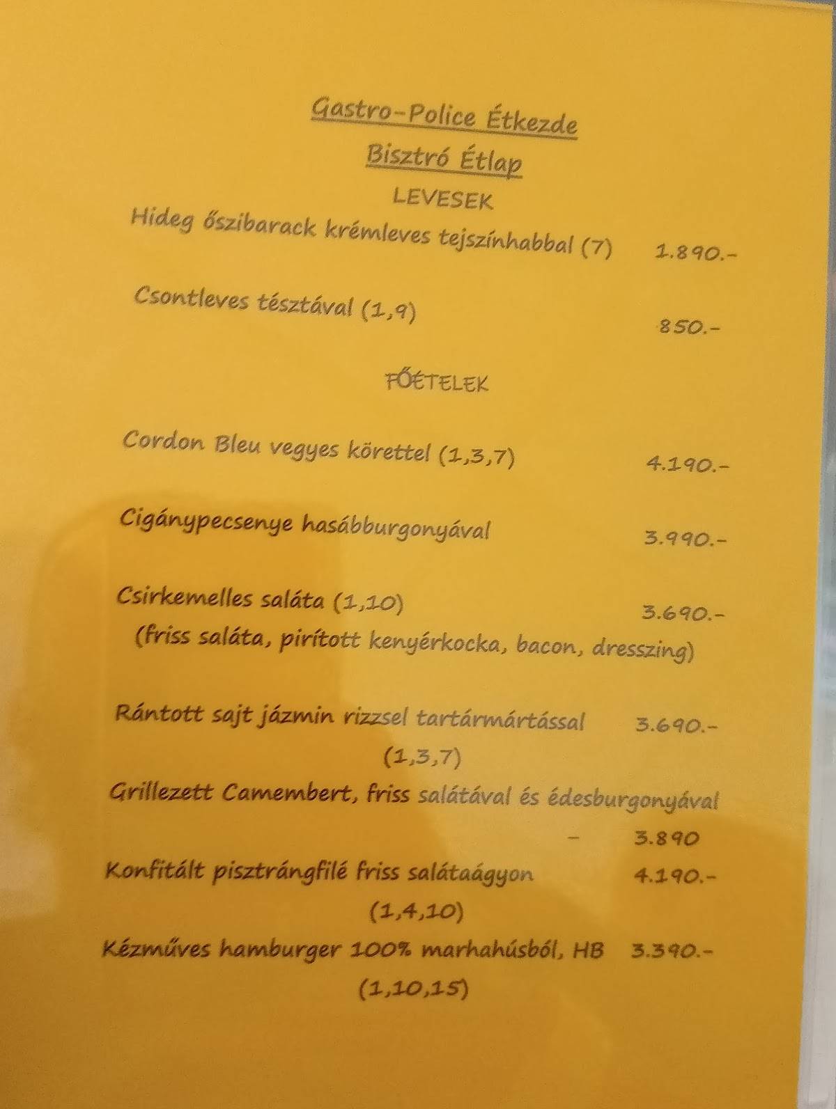 Menu at Gasztro Police étkezde restaurant, Fonyód