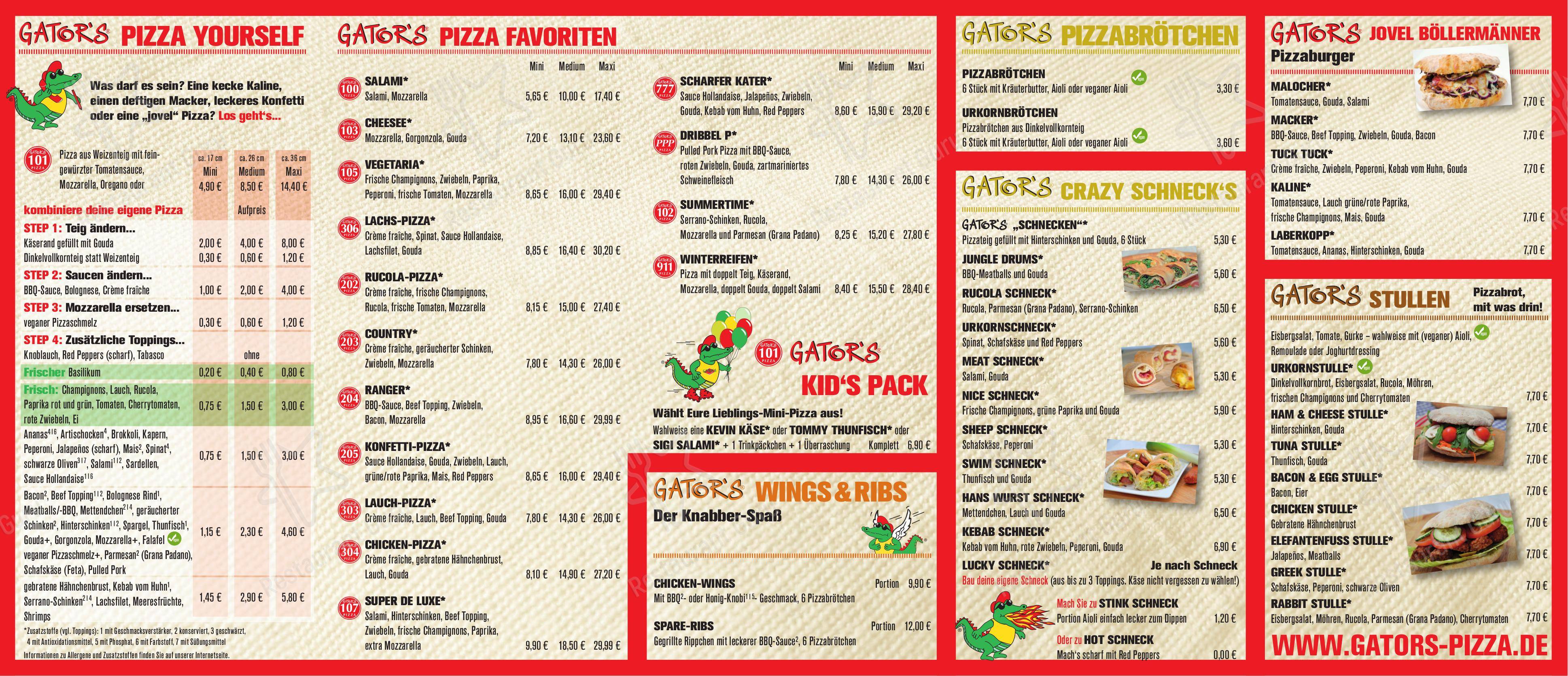 Speisekarte von Gators Pizza, Münster, Hansaring 44