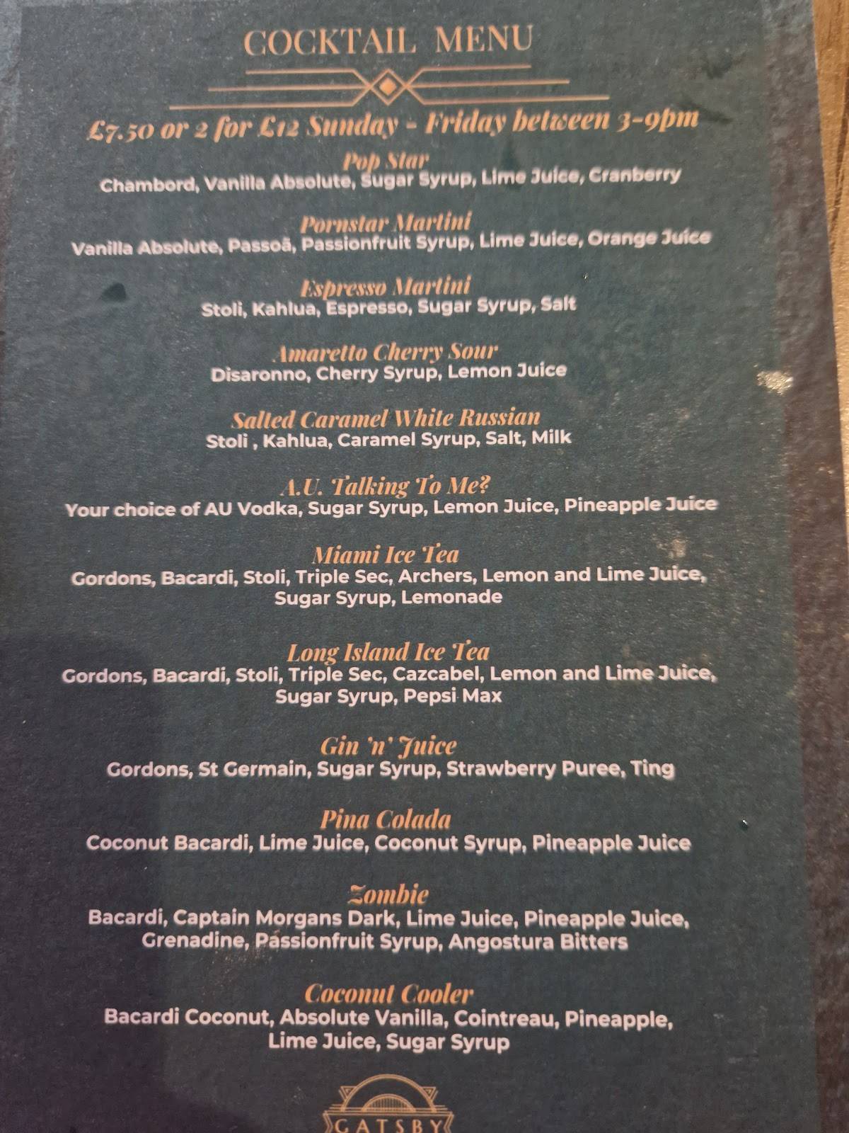 Menu at Gatsby pub & bar, Sunderland