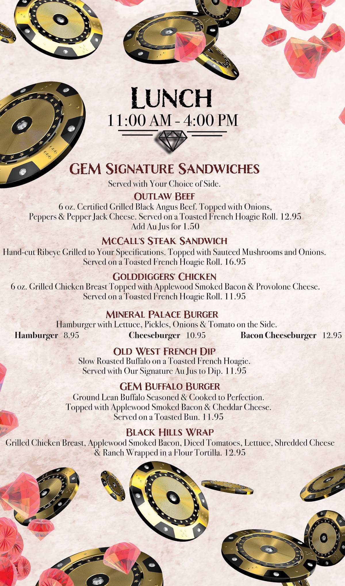 Menu at Gem Steakhouse & Saloon, Deadwood