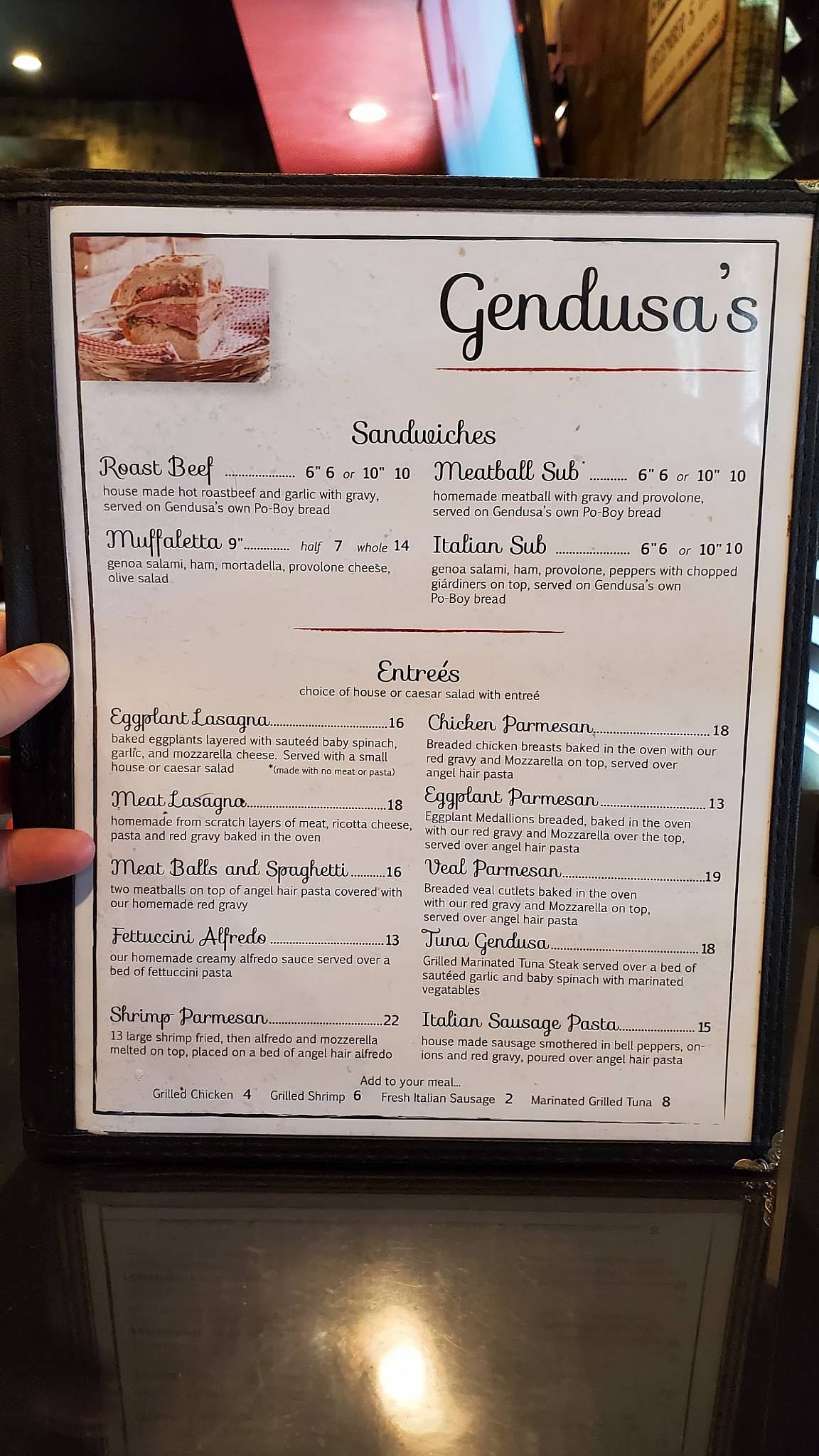 Menu at Gendusa's Italian Eatery pizzeria, Kenner