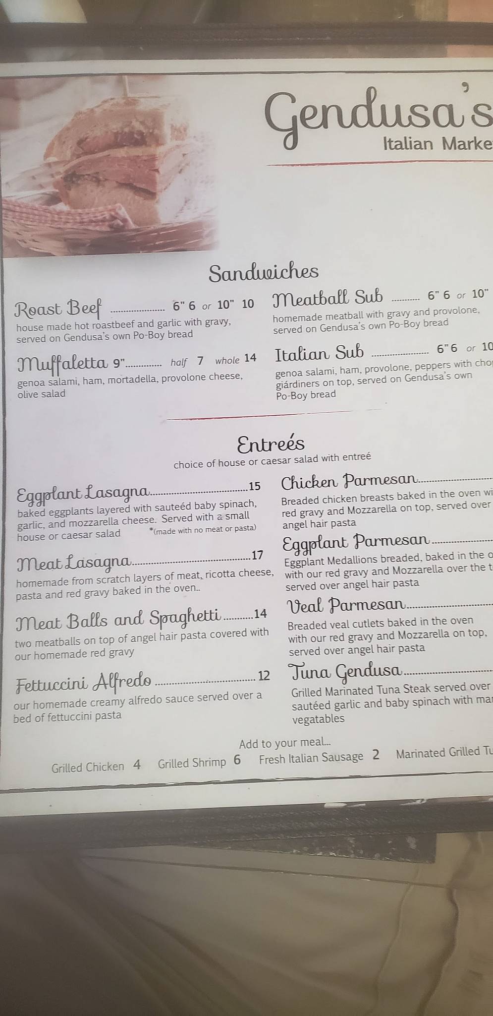 Menu at Gendusa's Italian Eatery pizzeria, Kenner