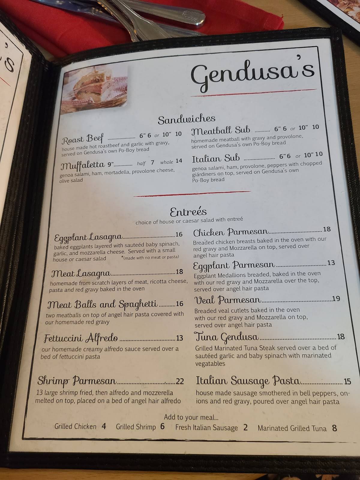 Menu at Gendusa's Italian Eatery pizzeria, Kenner