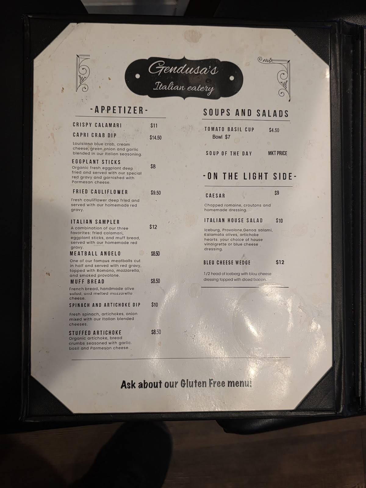 Menu at Gendusa's Italian Eatery pizzeria, Kenner