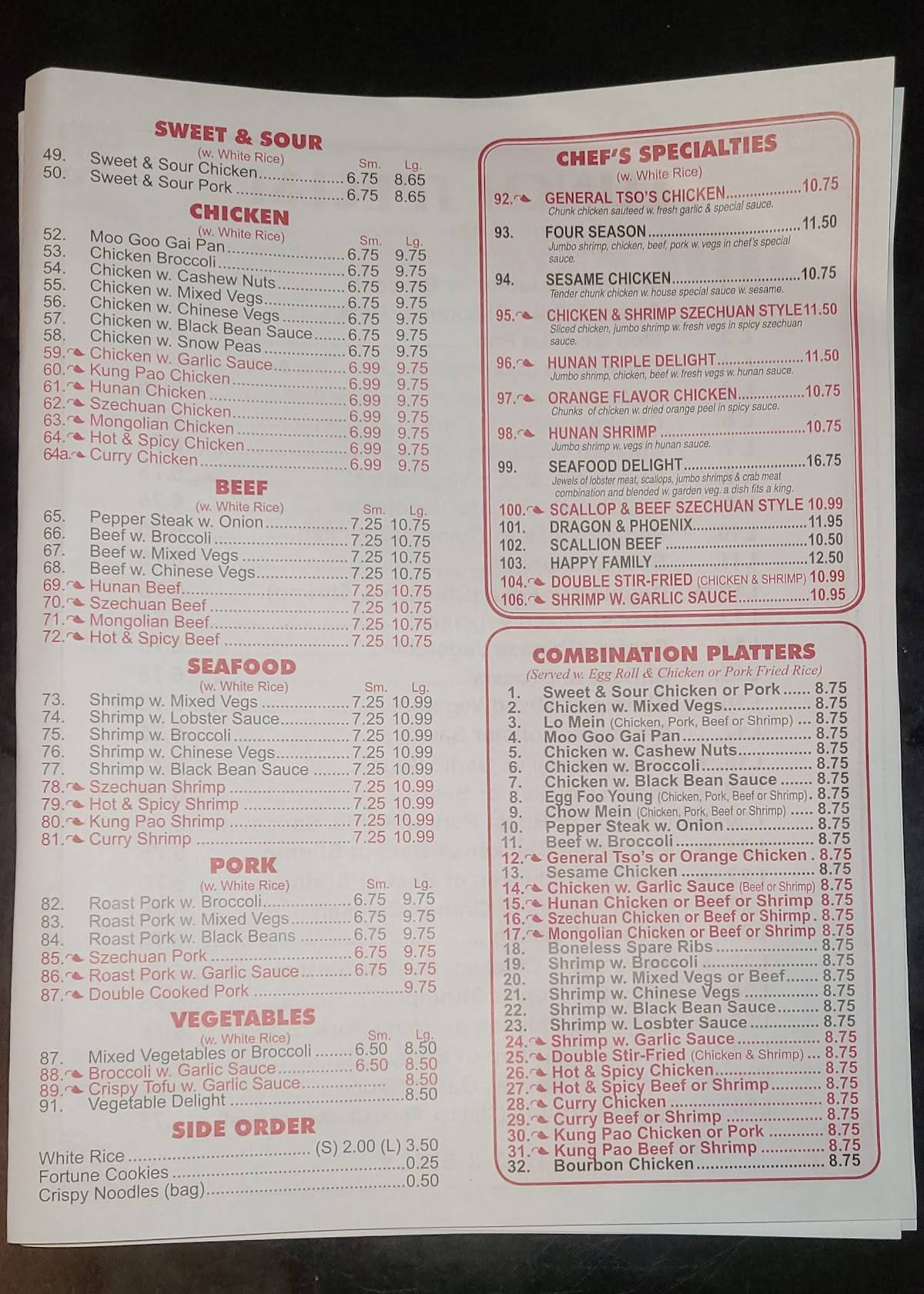 Menu at General Tso's Inn restaurant, Indianapolis