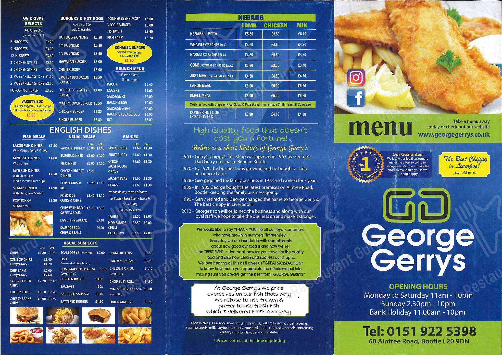 Menu at George Gerrys fast food, Bootle, 60 Aintree Rd