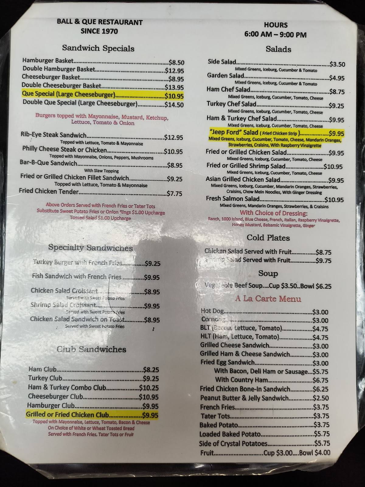 Menu at Ball & Que Restaurant, Georgetown