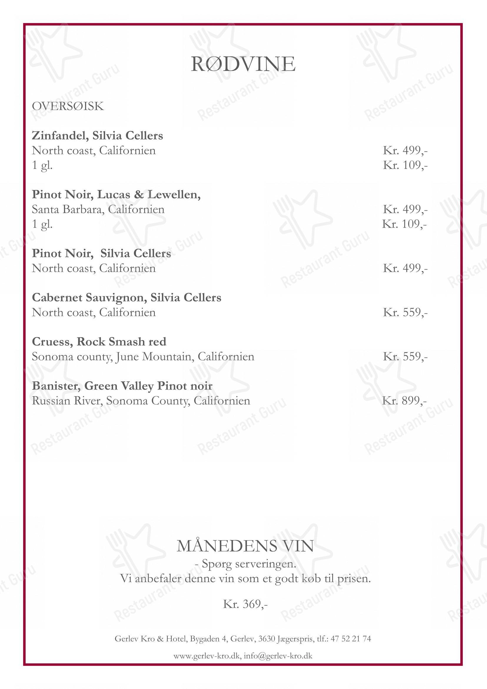 Menu at Gerlev Kro og Hotel restaurant, Denmark
