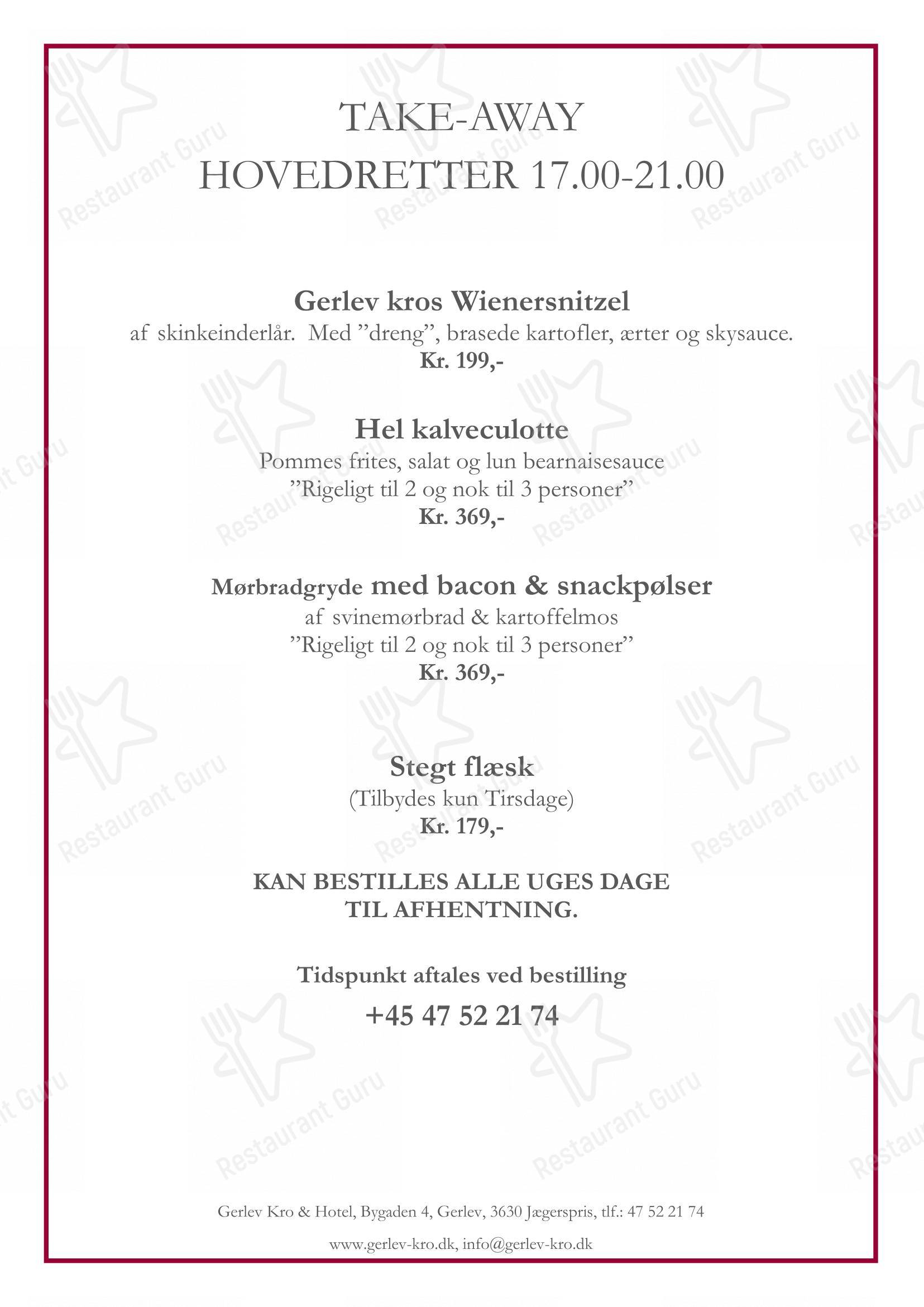 Menu at Gerlev Kro og Hotel restaurant, Denmark